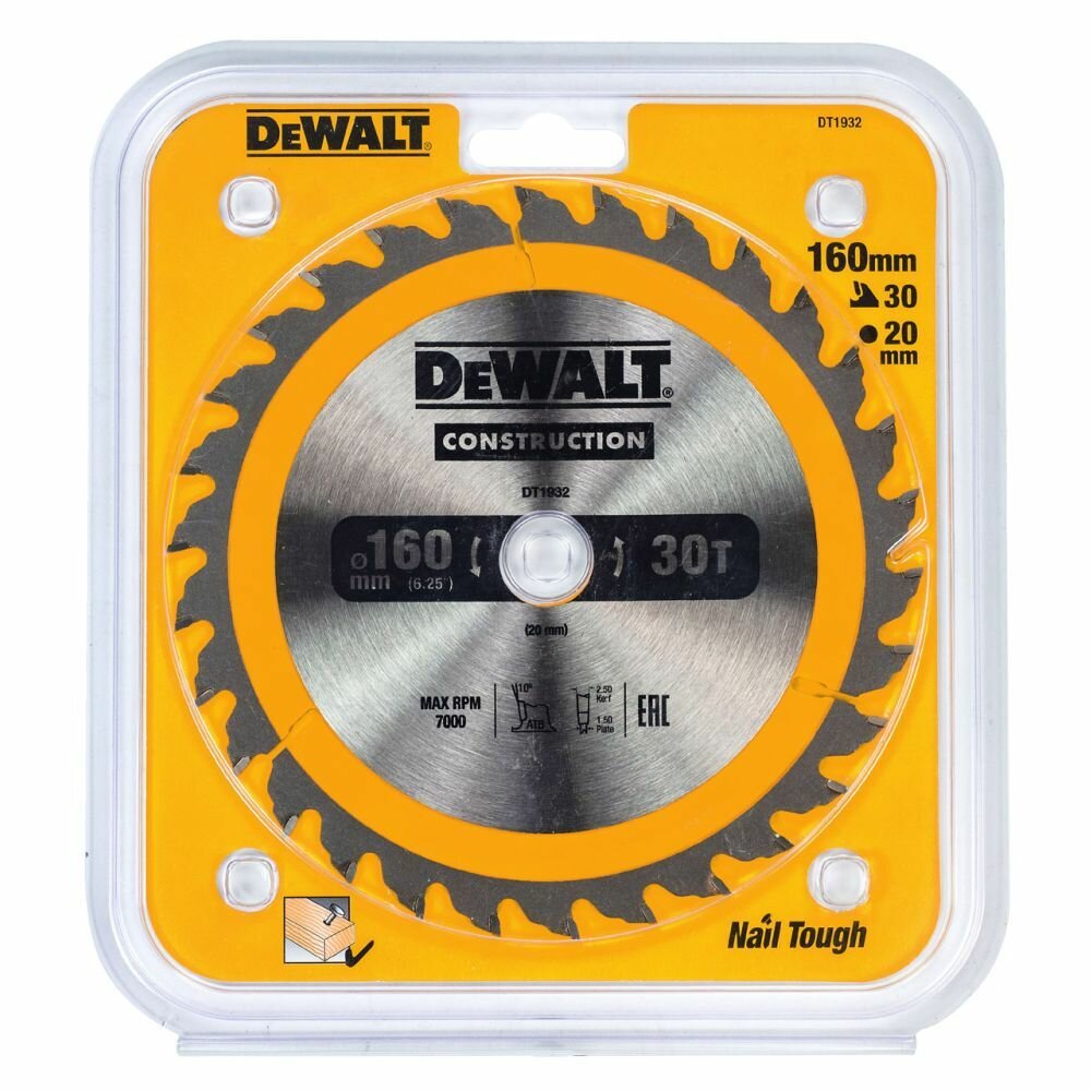 Диск пильный по дереву DEWALT CONSTRUCTION, 160х20х30 (DT1932-QZ)