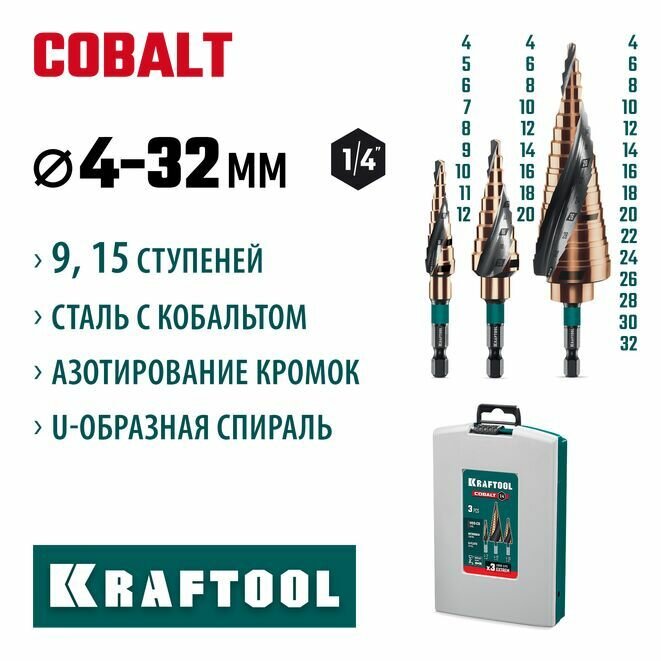 Набор сверл ступенчатых, азотирование, винтовая спираль, KRAFTOOL COBALT 3 шт, 4-32 мм