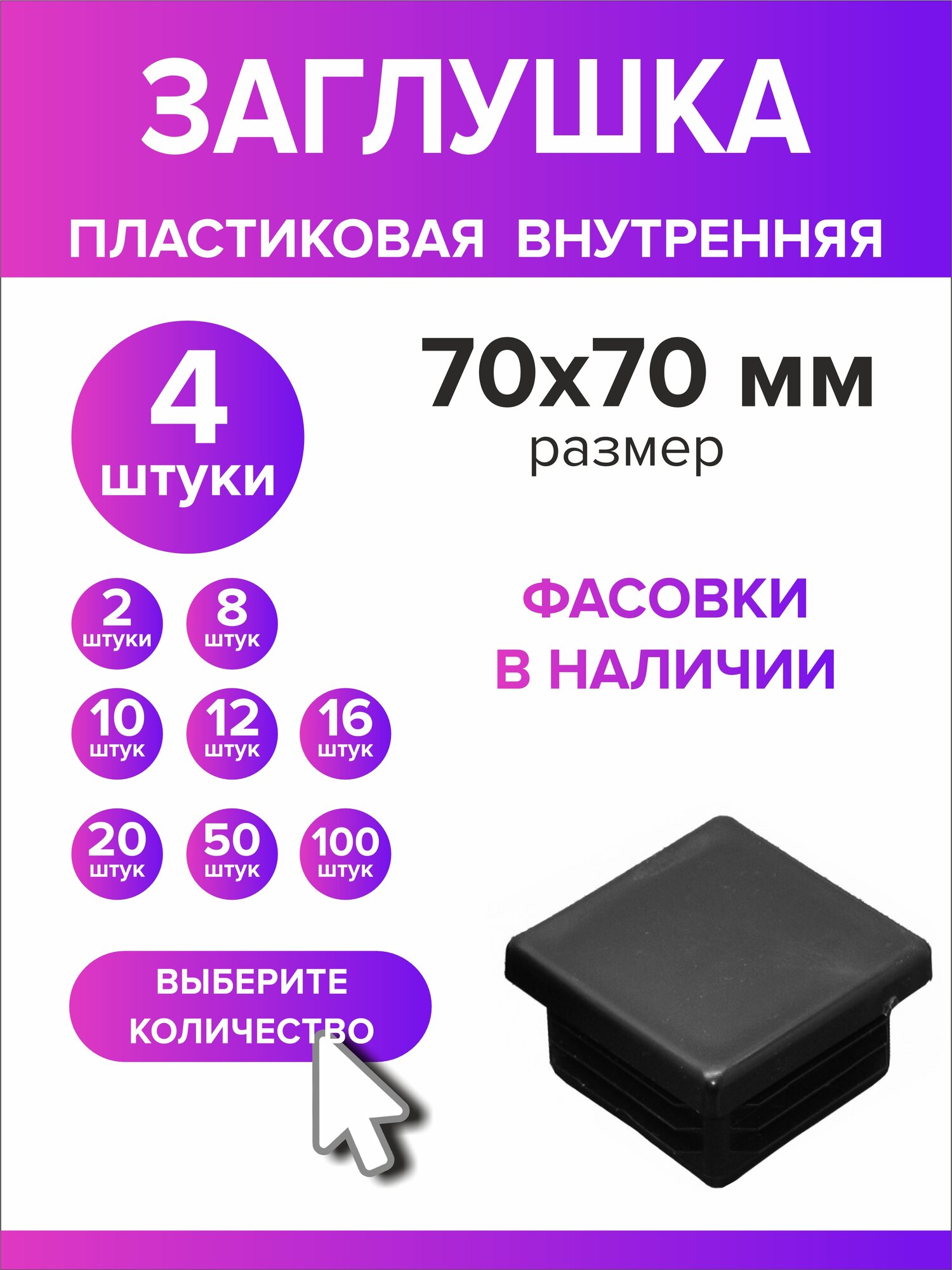 Заглушка для профильной трубы 70х70 мм, пластиковая, черная, 4 штуки