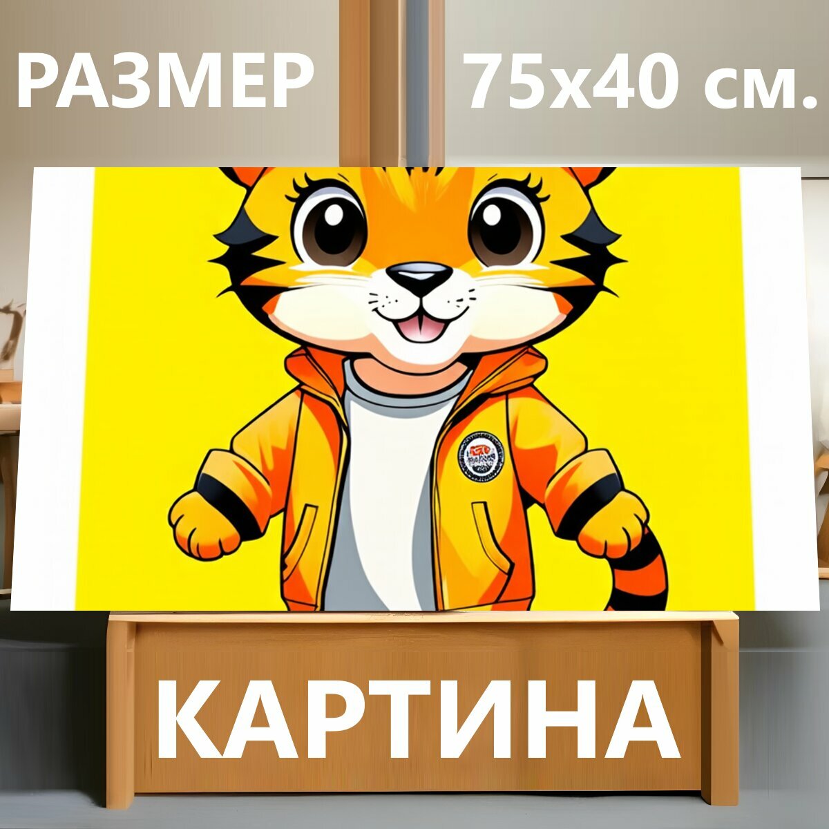 Картина на холсте "Стиль детская иллюстрация, тигренок в мультяшном стиле, стоит в яркой спортивной куртке и капюшоне, с белой футболкой и." на подрамнике 75х40 см. для интерьера