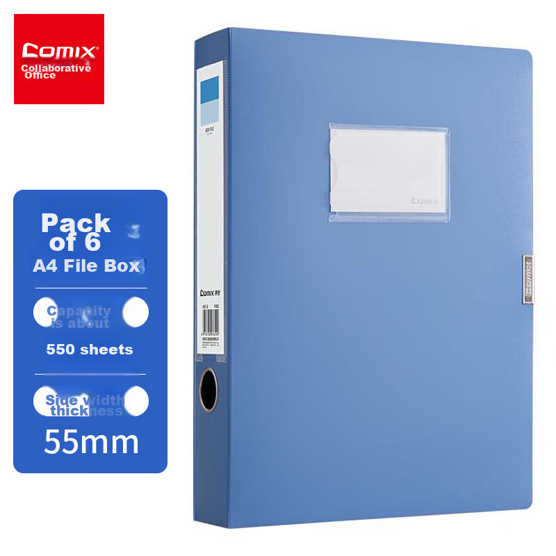 Comix 6-Pack 55mm Thick File Boxes/A4 Document Boxes/Durable Adhesive Storage Boxes, Storage Containers, Blue, Office Supplies A8055-6