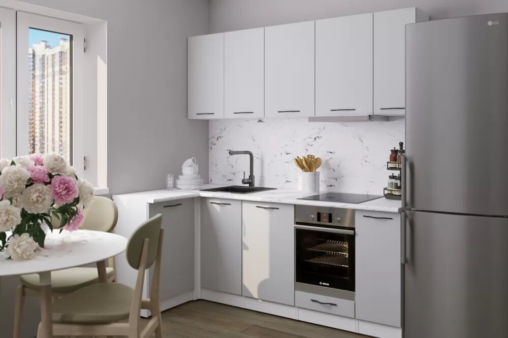 Кухонный гарнитур Герда Шелли прайм 400 1100х2000 мм, каркас ЛДСП, фасад ЛДСП, Белый/Шиншилла серая/Шиншилла серая