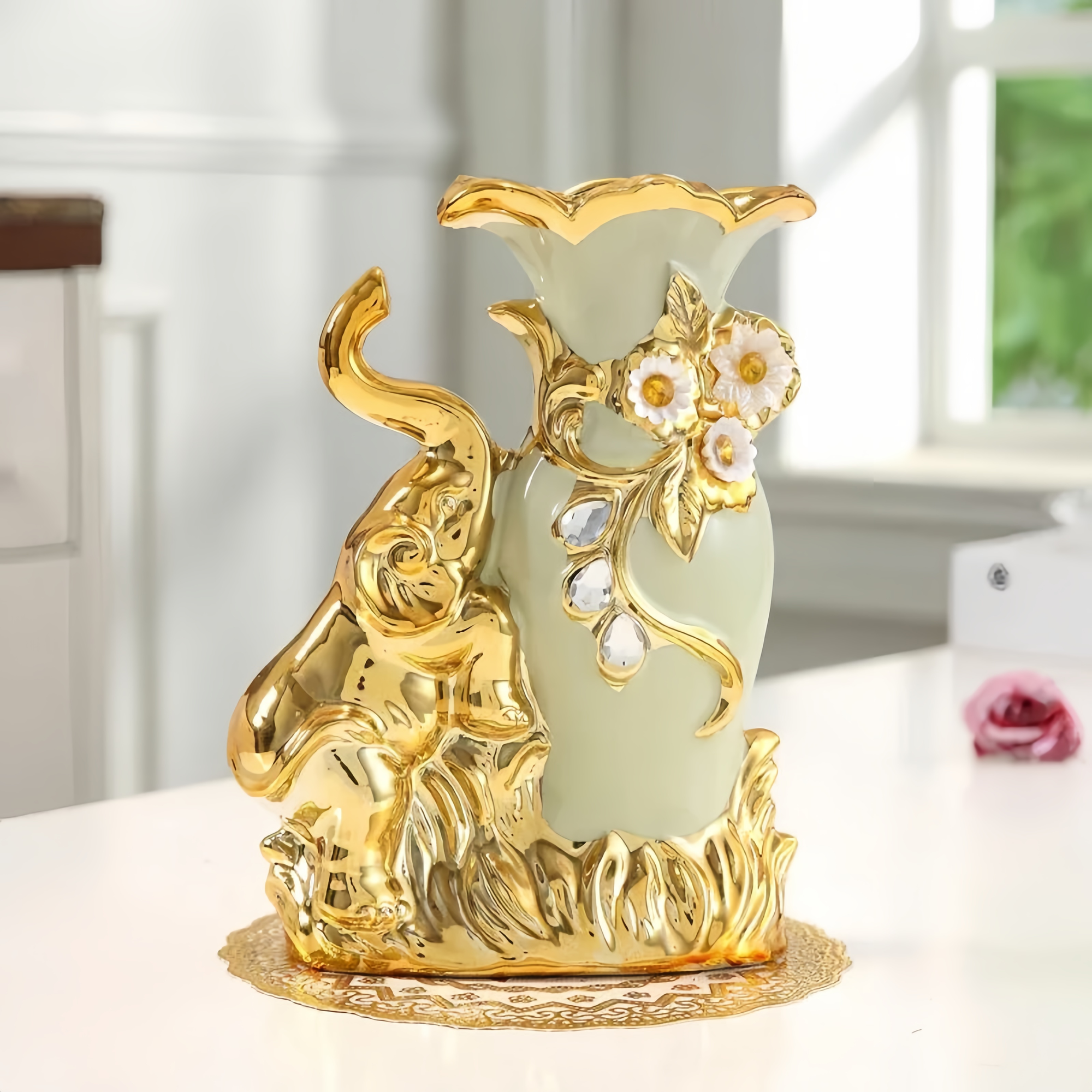 Ваза Nova Home Textile, керамика, с ручками, настольная, бежево-золотая