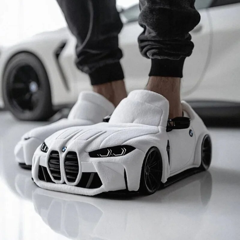 Белые плюшевые тапочки BMW M в виде автомобиля, One Size