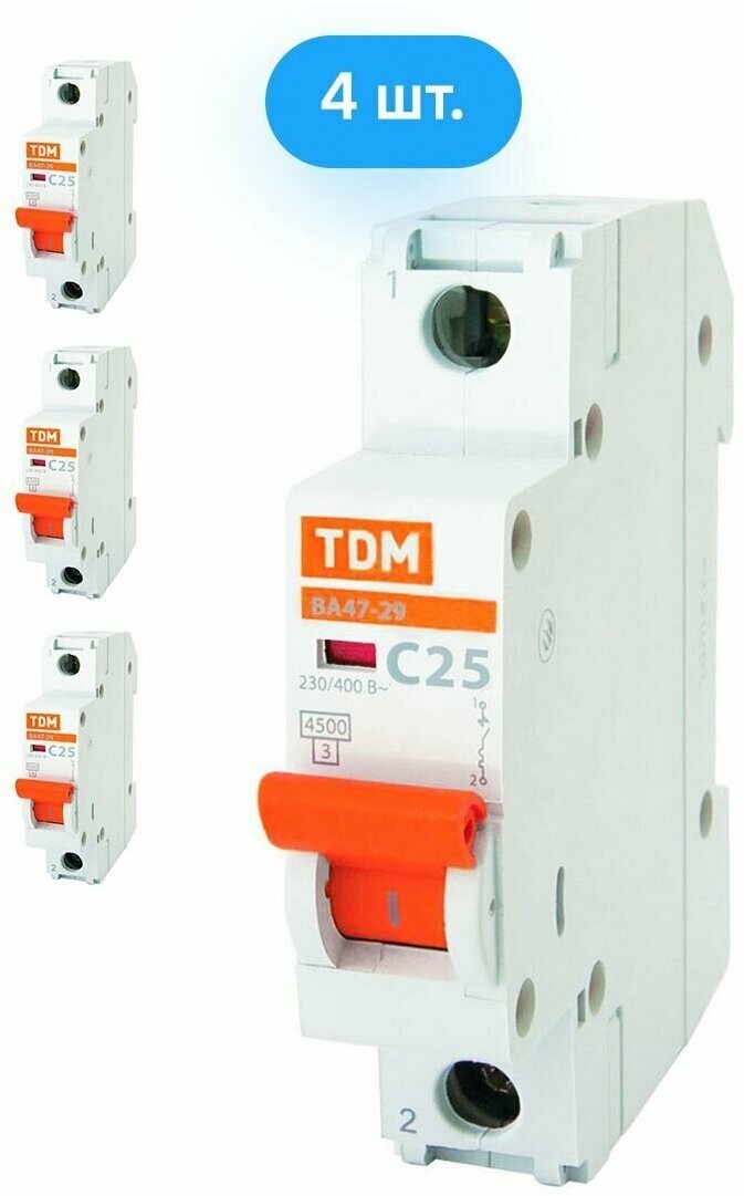 Автоматический выключатель TDM Electric ВА47-29 1P 25А характеристика C (комплект из 4 шт.)