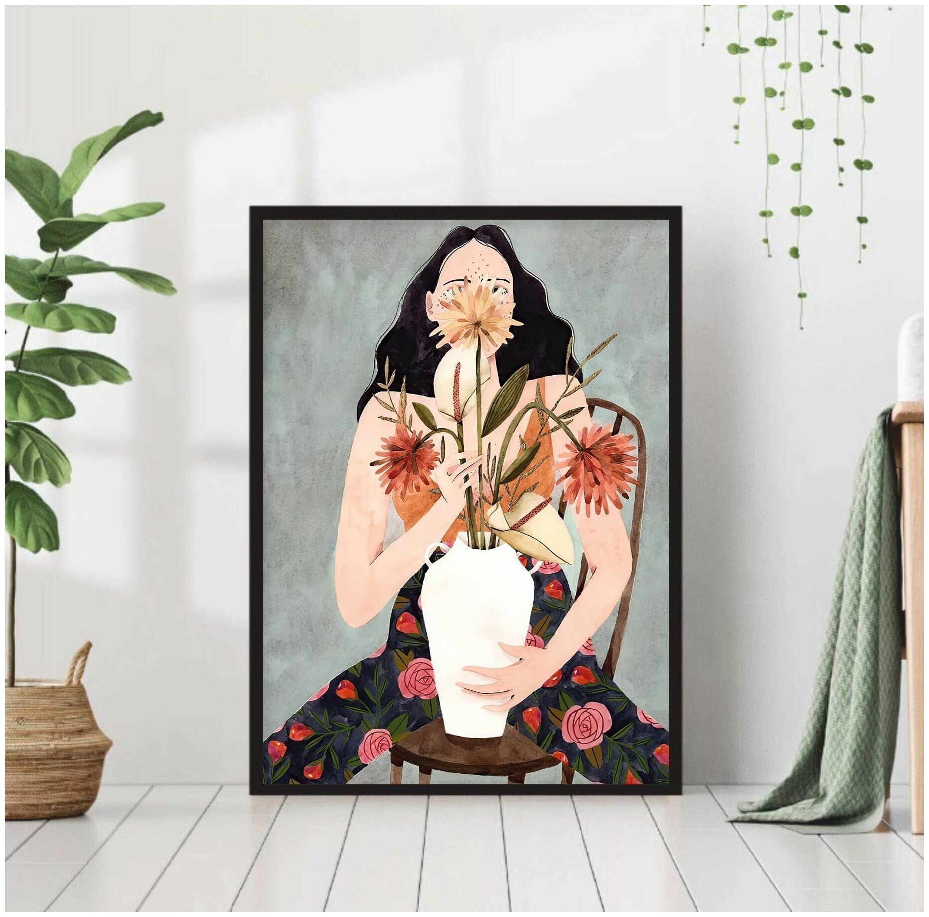 Постер " Бруно Манкузо девушка с цветами, репродукция" 50x70 в черной рамке для интерьера на стену