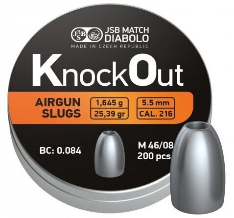 Пули полнотелые JSB KnockOut Slugs 5,5 мм, 1,645 г (200 штук)