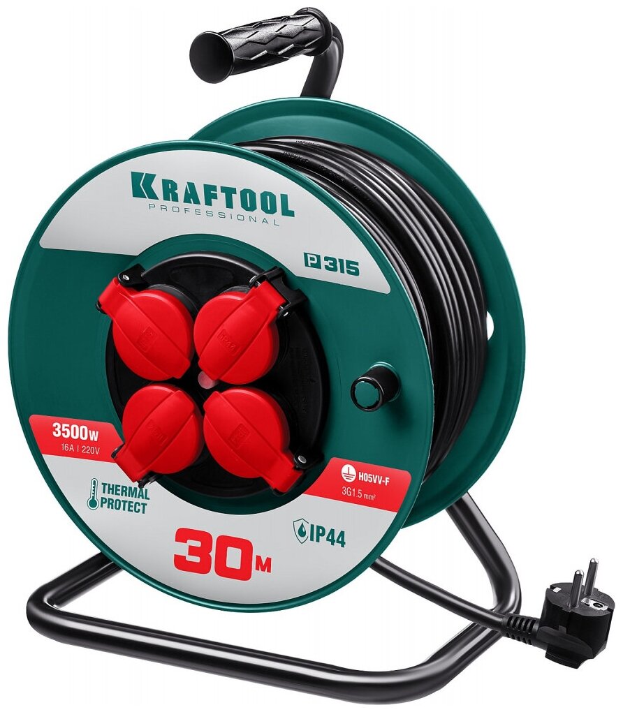 Удлинитель, KRAFTOOL, на катушке KRAFTOOL P-315, 30м, 3500Вт, 4 гнезда, IP44, ПВС 3х1.5мм2, 55084-30, 3х1.5мм²