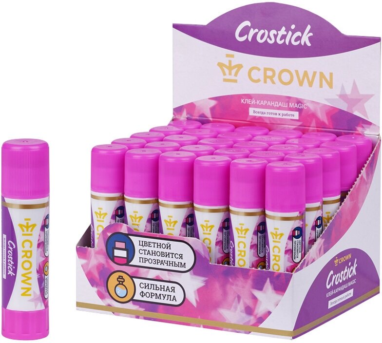 30 шт. Клей-карандаш Crown "Indicator", 08г, с цветным индикатором, ПВП