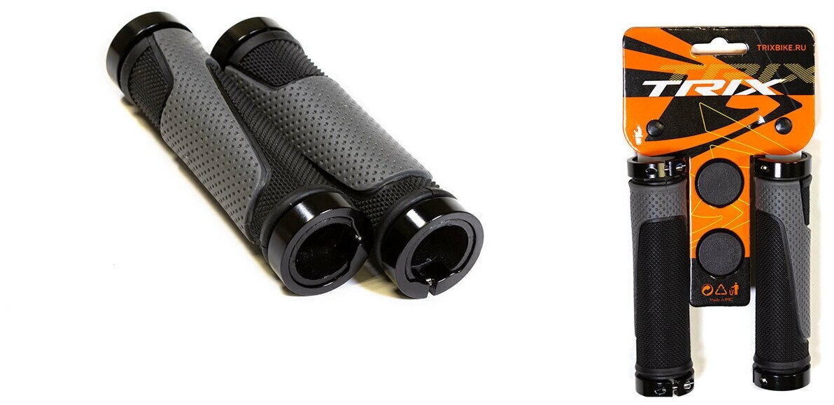 Грипсы TRIX, резиновые, 130мм, 2-х компонентные, алюминиевые фиксаторы на руль черные - 4шт, с заглушками руля