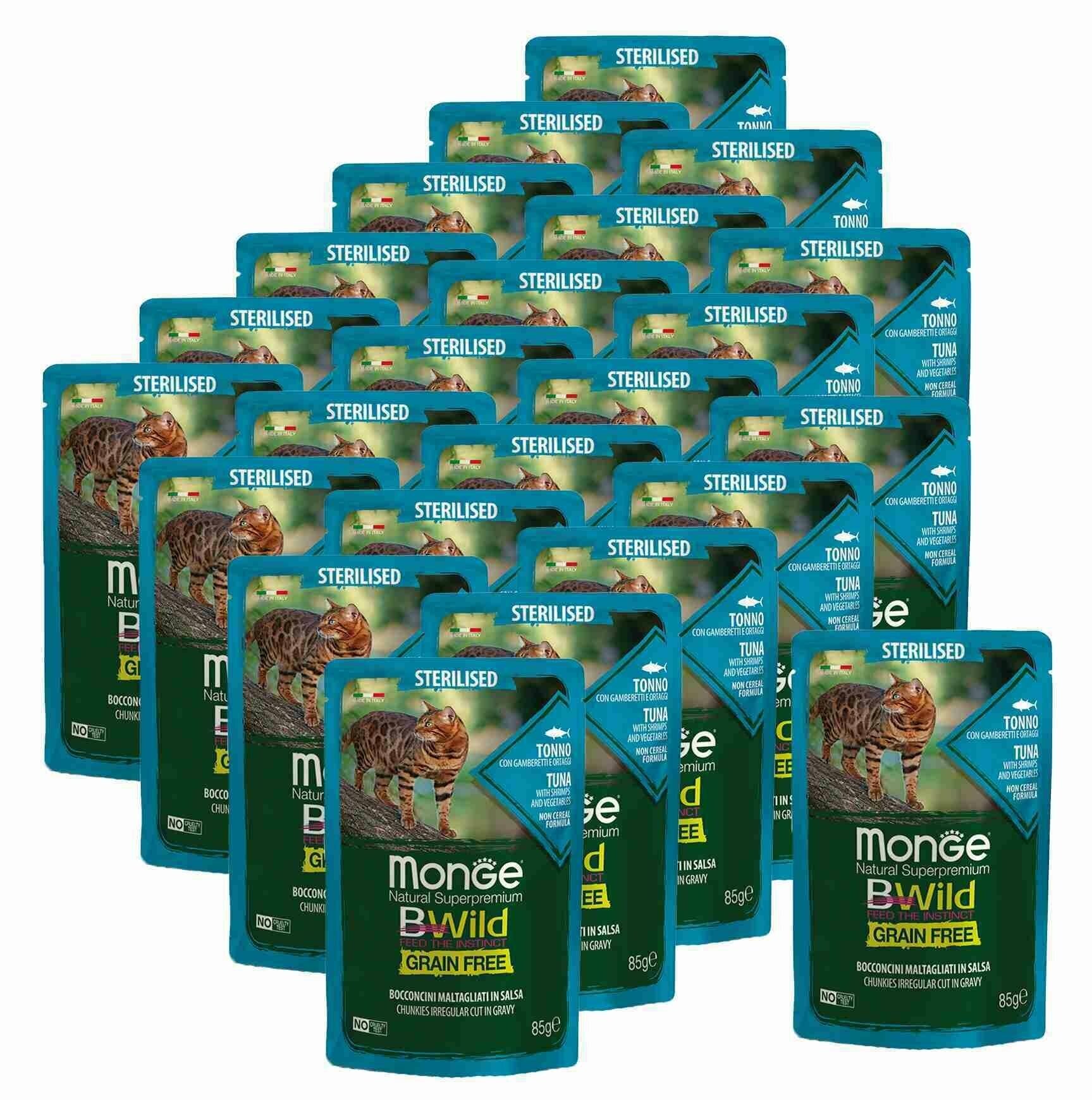 Monge Cat BWild GRAIN FREE паучи из тунца с креветками и овощами для стерилизованных кошек 85г х 24 шт.