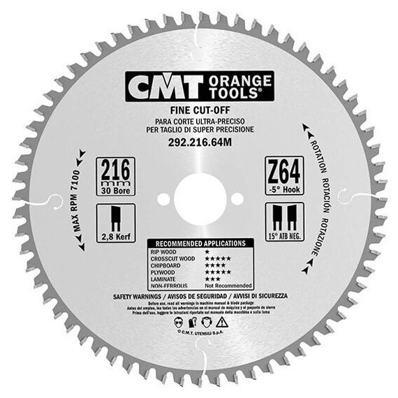 Пильный диск по дереву Cmt 292.190.64M, 190X30X2,6/1,6 15° 15° ATB Z=64