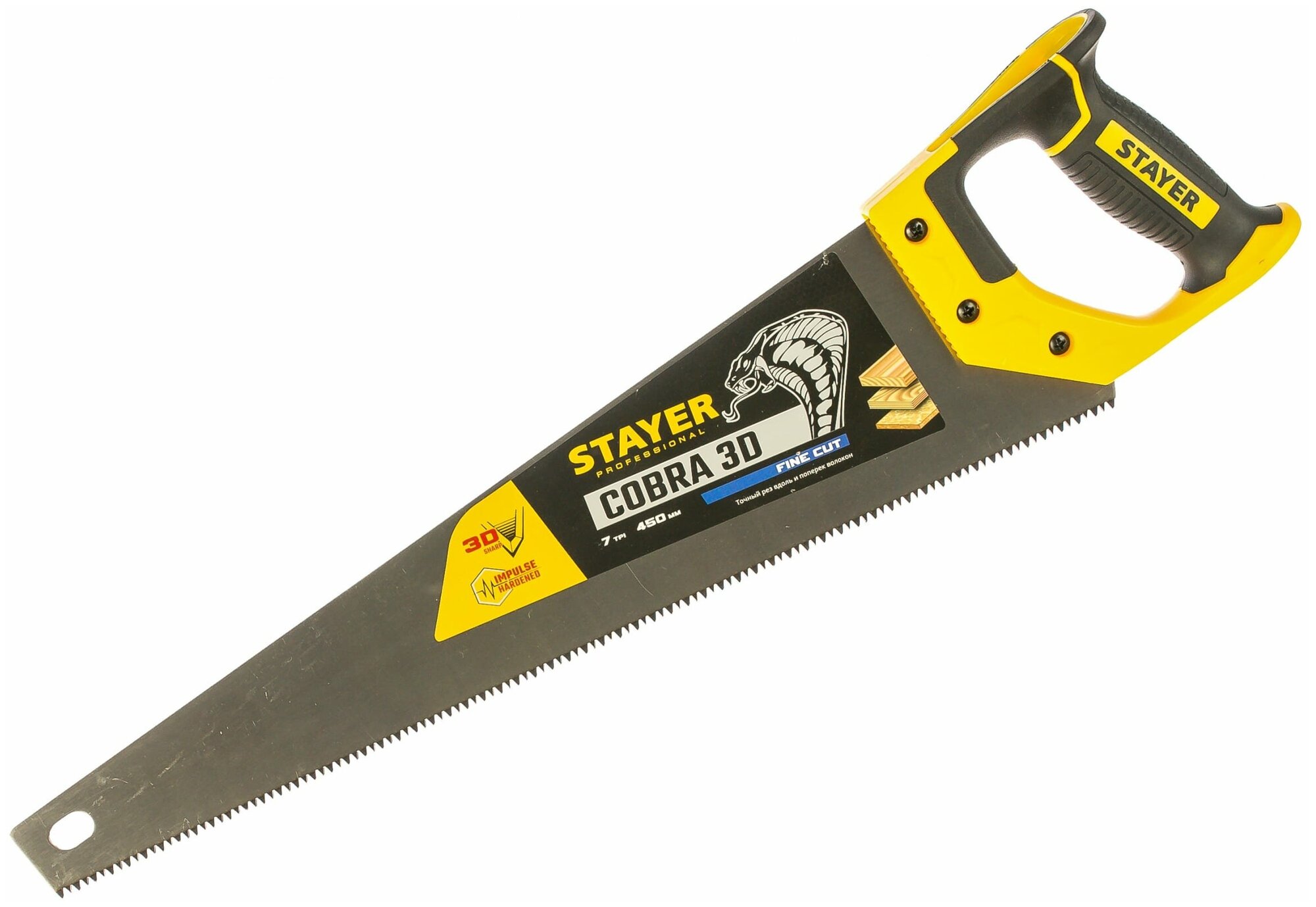 Ножовка универсальная (пила) "Cobra 3D" 450мм, 7TPI, 3D зуб, точн. рез вдоль и поперек волокон, для средних заготовок из всех видов материалов, STAYER