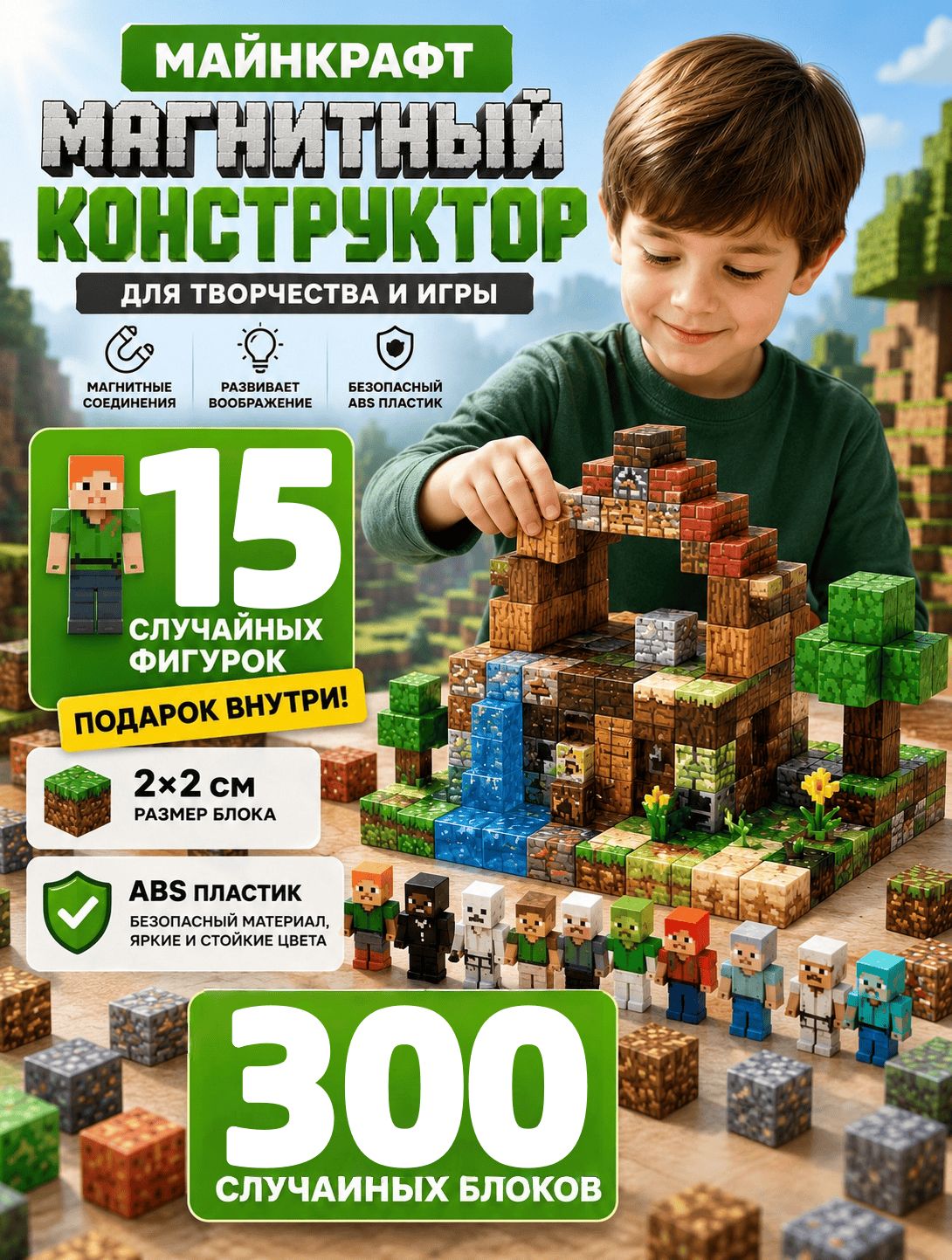 Детский магнитный конструктор, 300 блоков + 15 игровых фигурок, развивающая игрушка