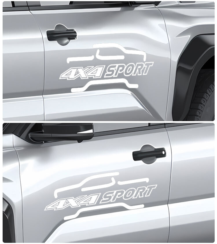 Декоративные виниловые декали 4X4 SPORT на двери пикапа Тойота Такома. Материал KK Vinyl, устойчивость к УФ-излучению и воде, простая установка, после снятия не оставляет следов клея. В комплекте 2 штуки.