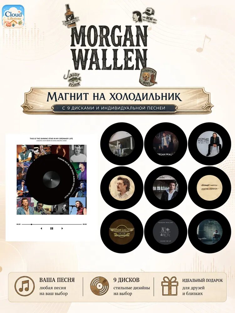 Магнит на холодильник с 9 дисками и индивидуальной песней Morgan Wallen/мини проигрыватель на холодильник