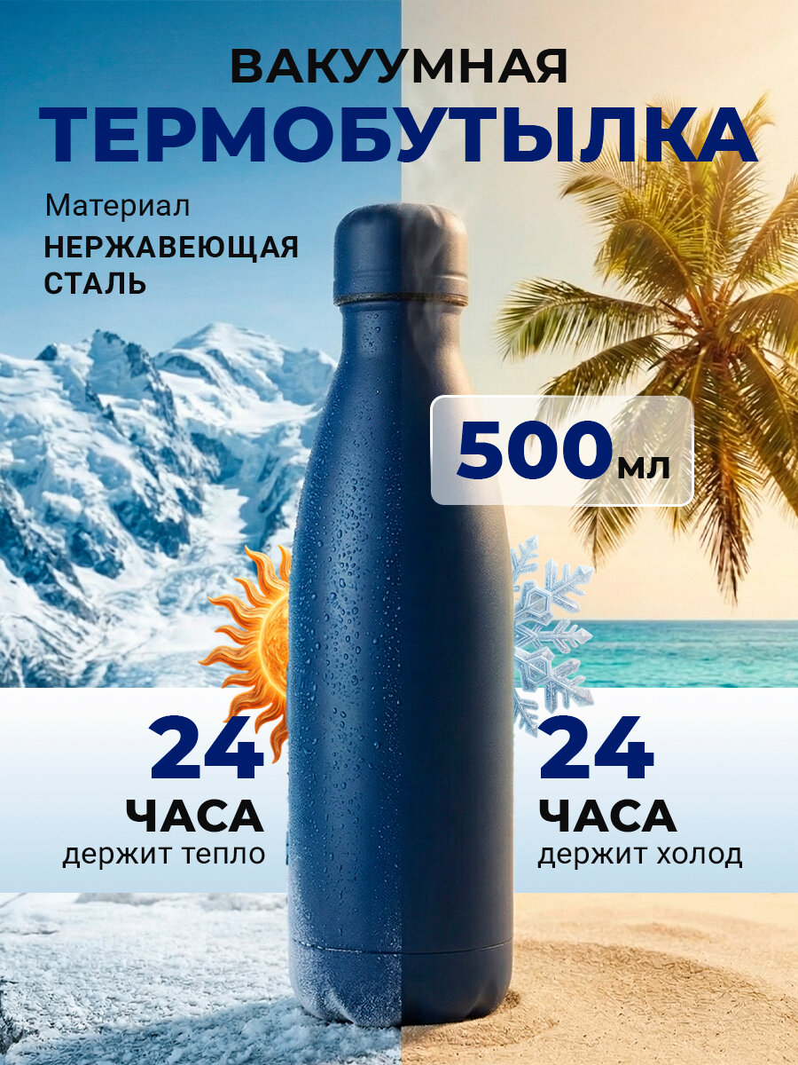 Термобутылка "Вэкьюм ботл C1" вакуумная из нержавеющей cтали с покрытием софт-тач 500 мл, сохраняет тепло 24 ч, цвет темно-синий