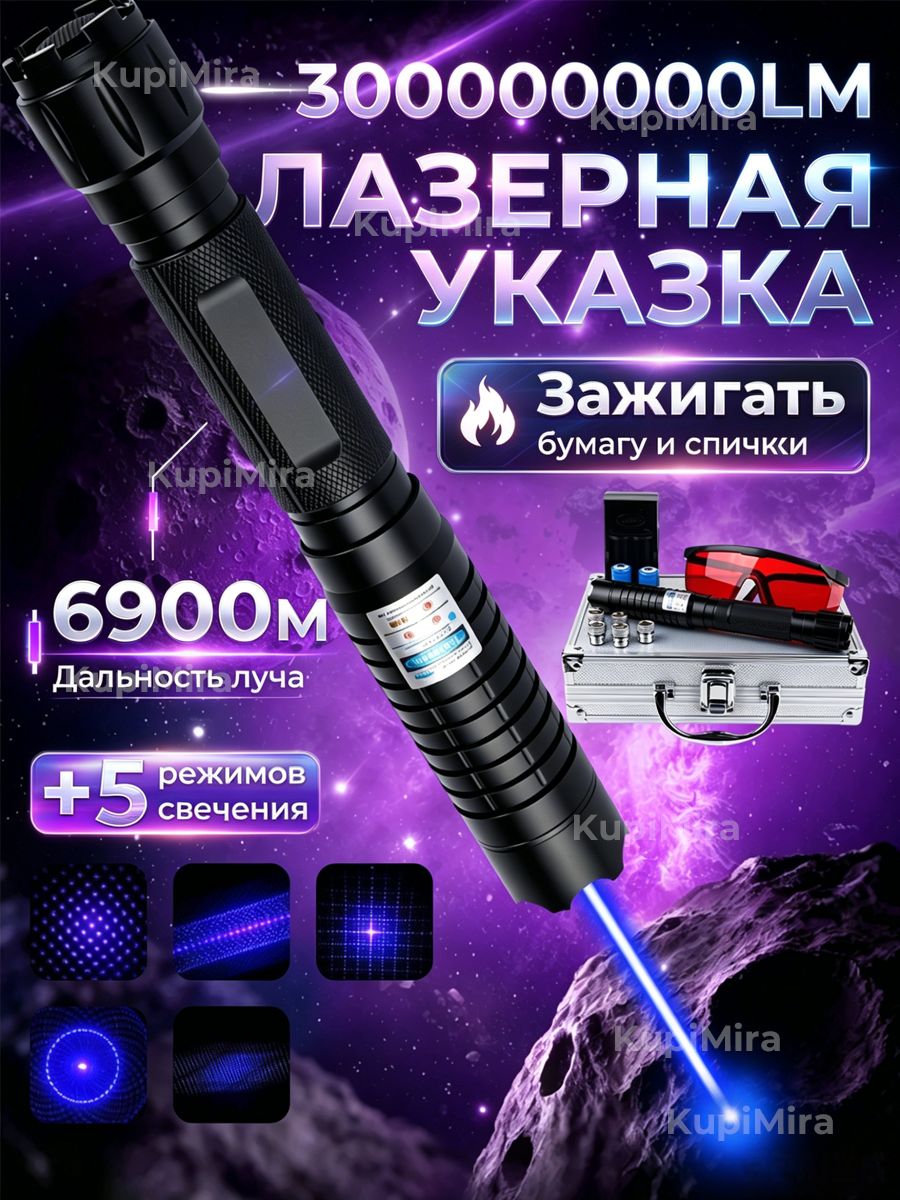 Лазерная Указка 150000mW (самая Мощная) 70 Км.5 сменных насадокВоспламеняетлазер для подачи сигнала и туризма Защита.