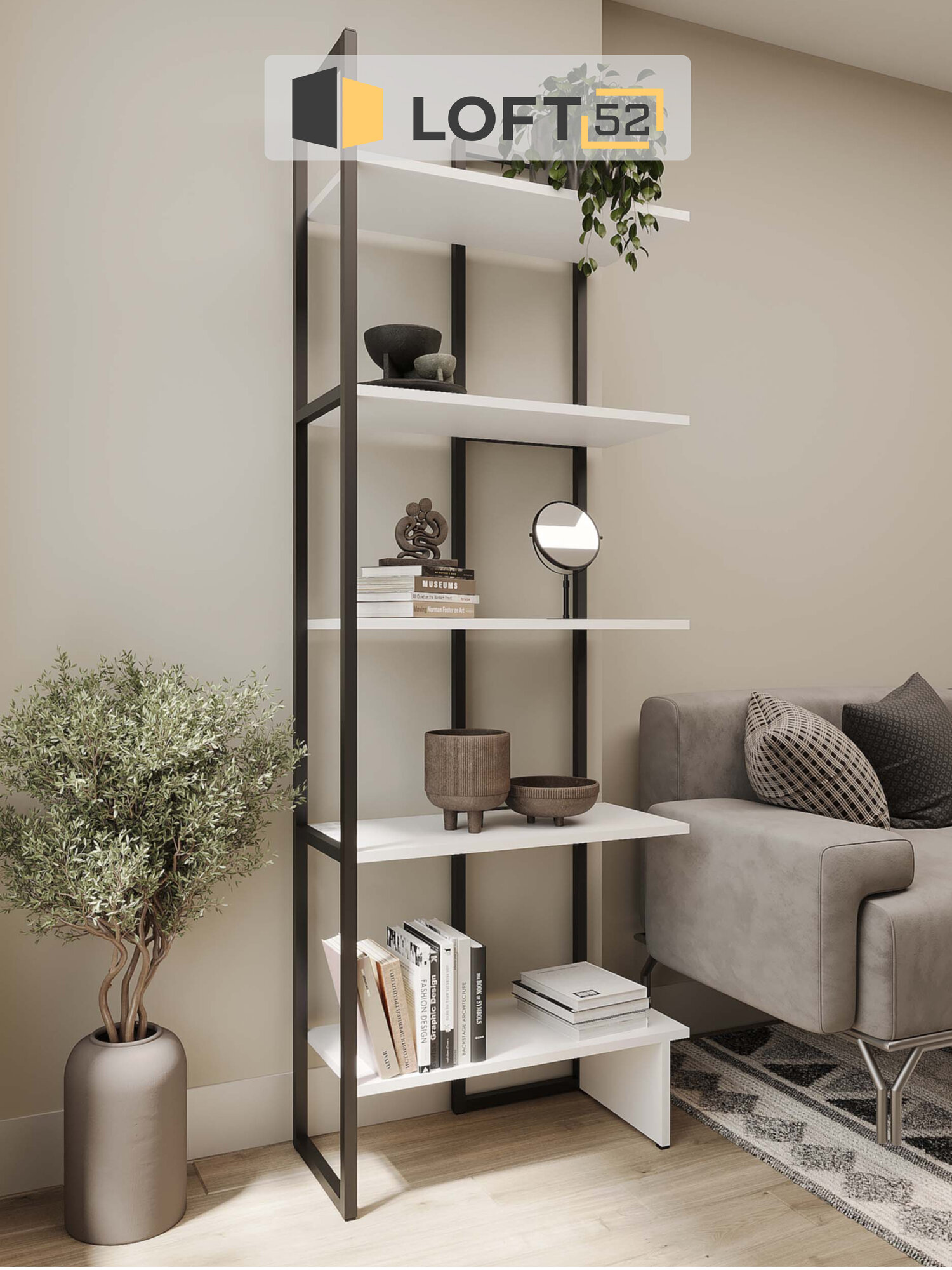 Стеллаж угловой напольный, LOFT 52, размер: 62х 177см, ЛДСП, Металл, Белый