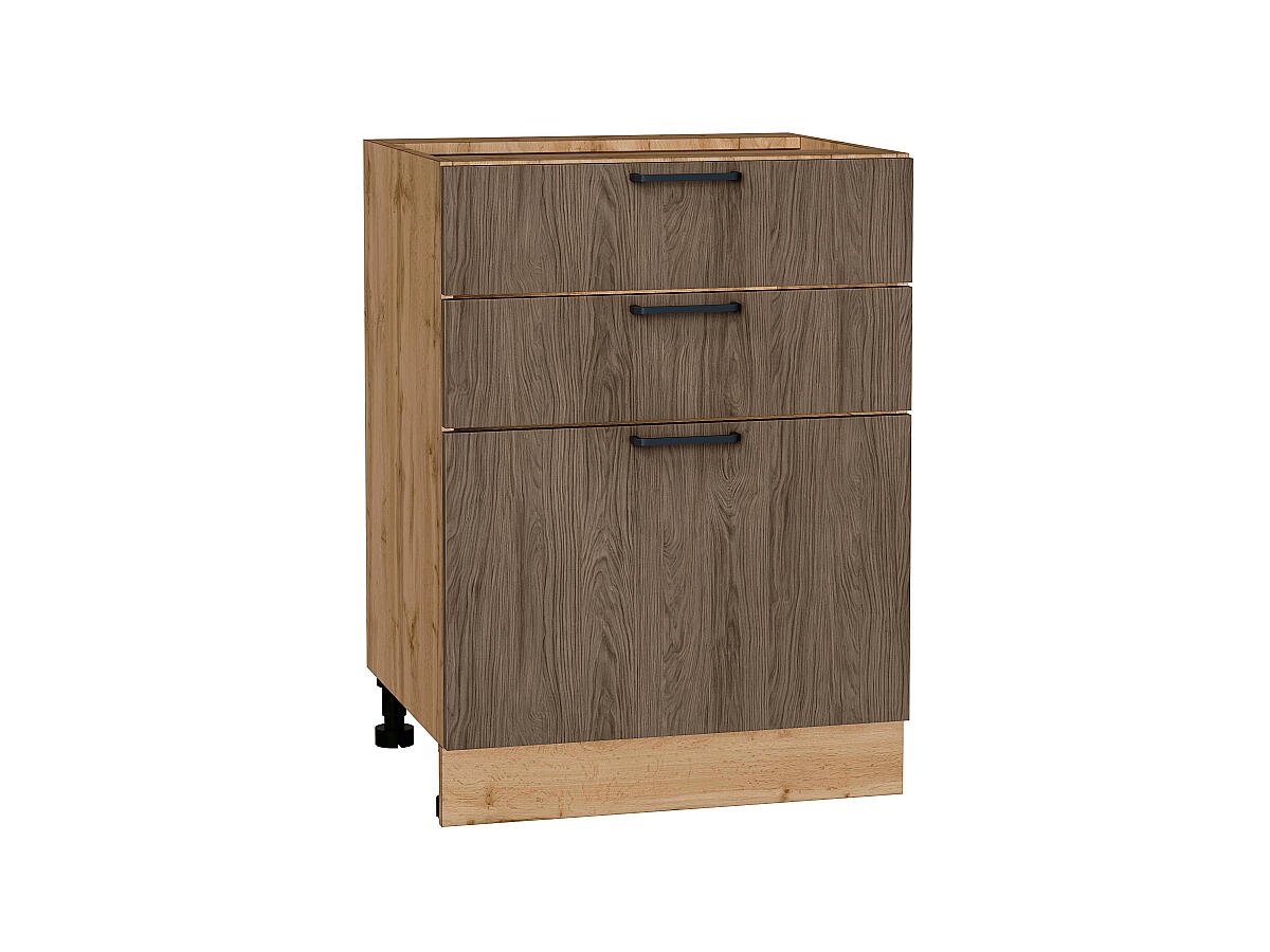 Шкаф нижний с 3-мя ящиками Флэт, цвет фасада Brown Casella Oak 2S, цвет каркаса Дуб Вотан, 816*600*478 (В*Ш*Г) мм