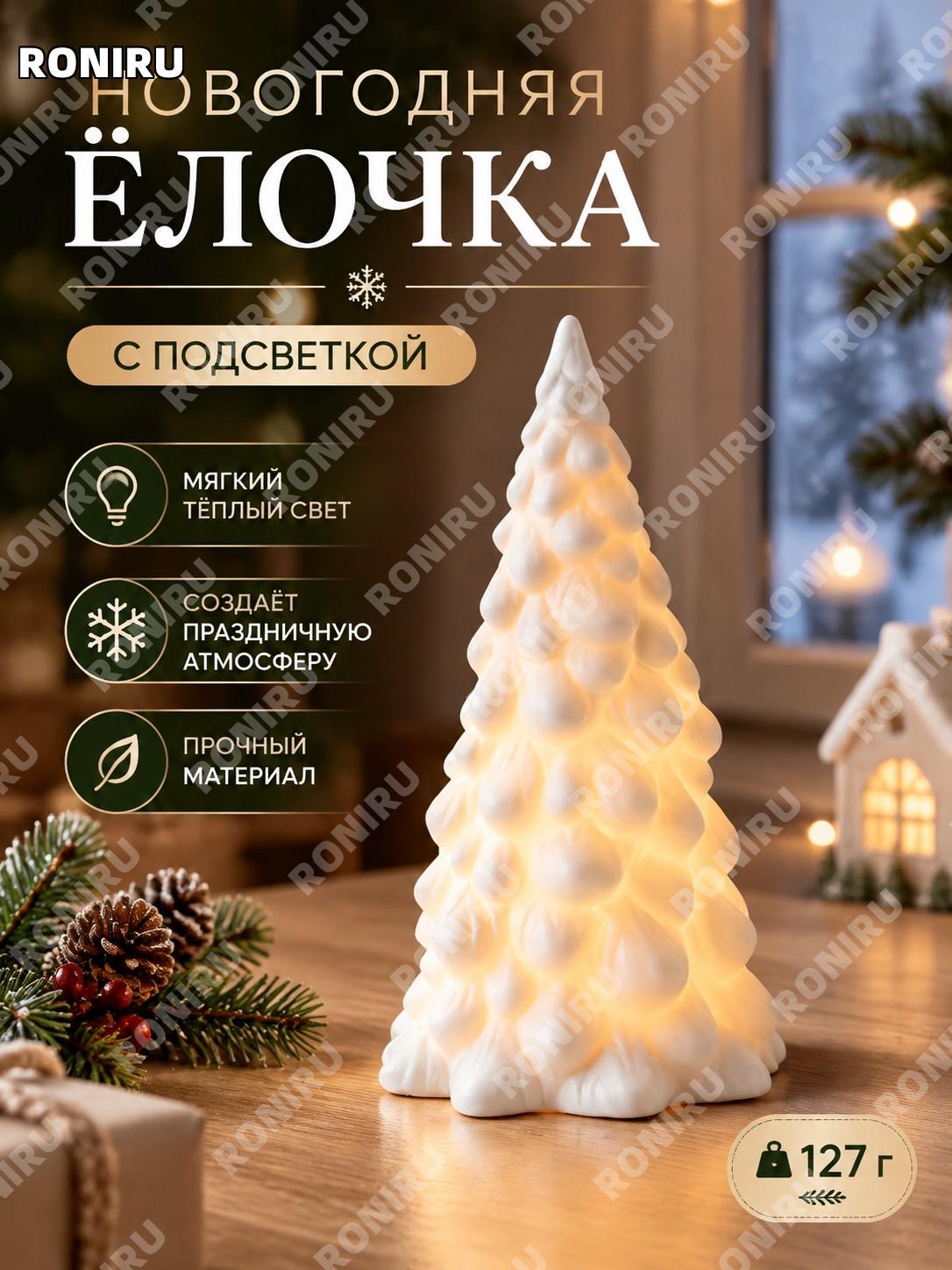 Новогодняя керамическая елка Пауфф средняя 127 г, светящийся декор для елки и дома в северном стиле уют зимой!