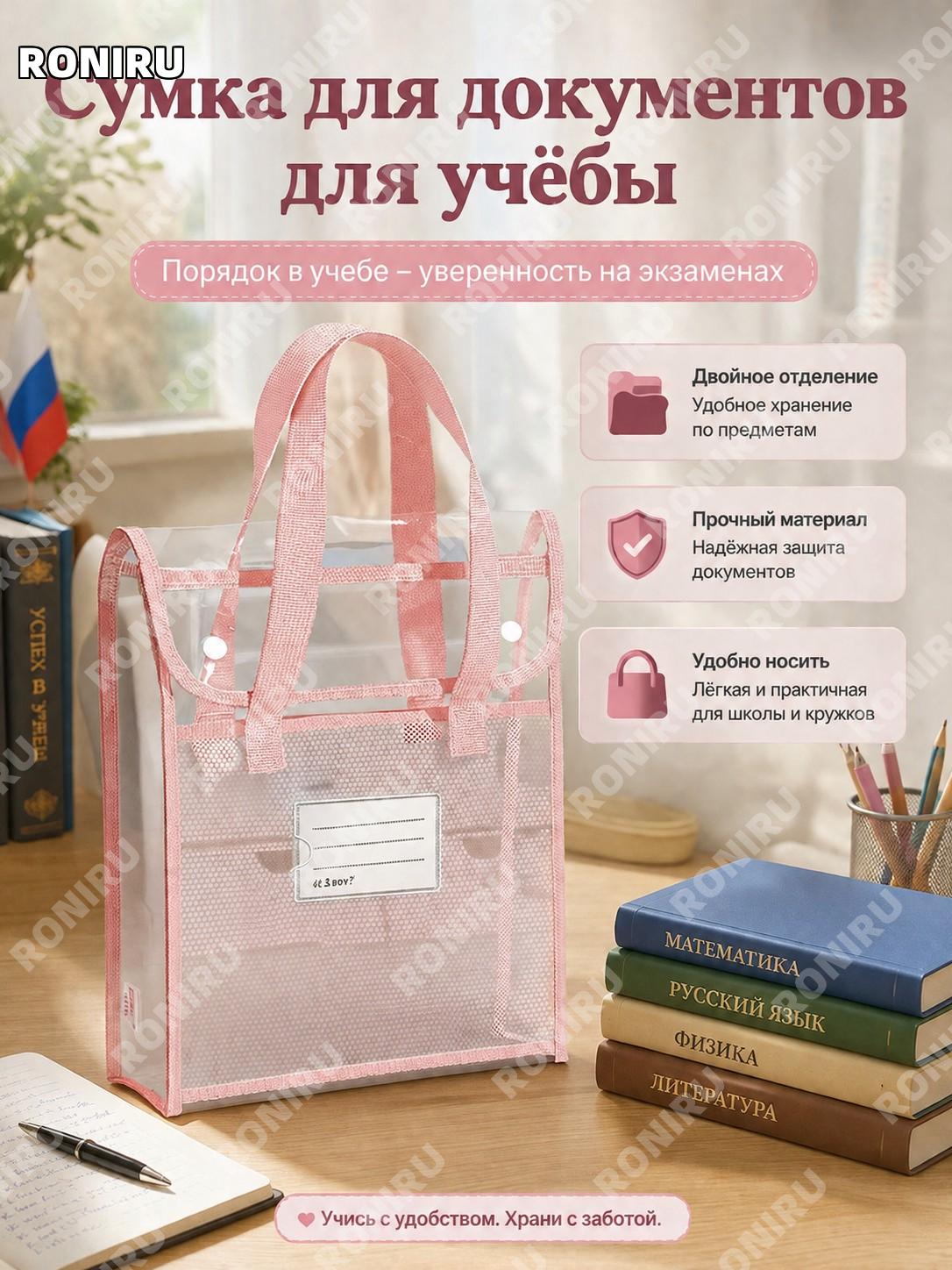 Папка для документов BY.1336 розовая 1 шт прозрачная из ПВХ, двухслойная сумка для книг школьников и экзамена.