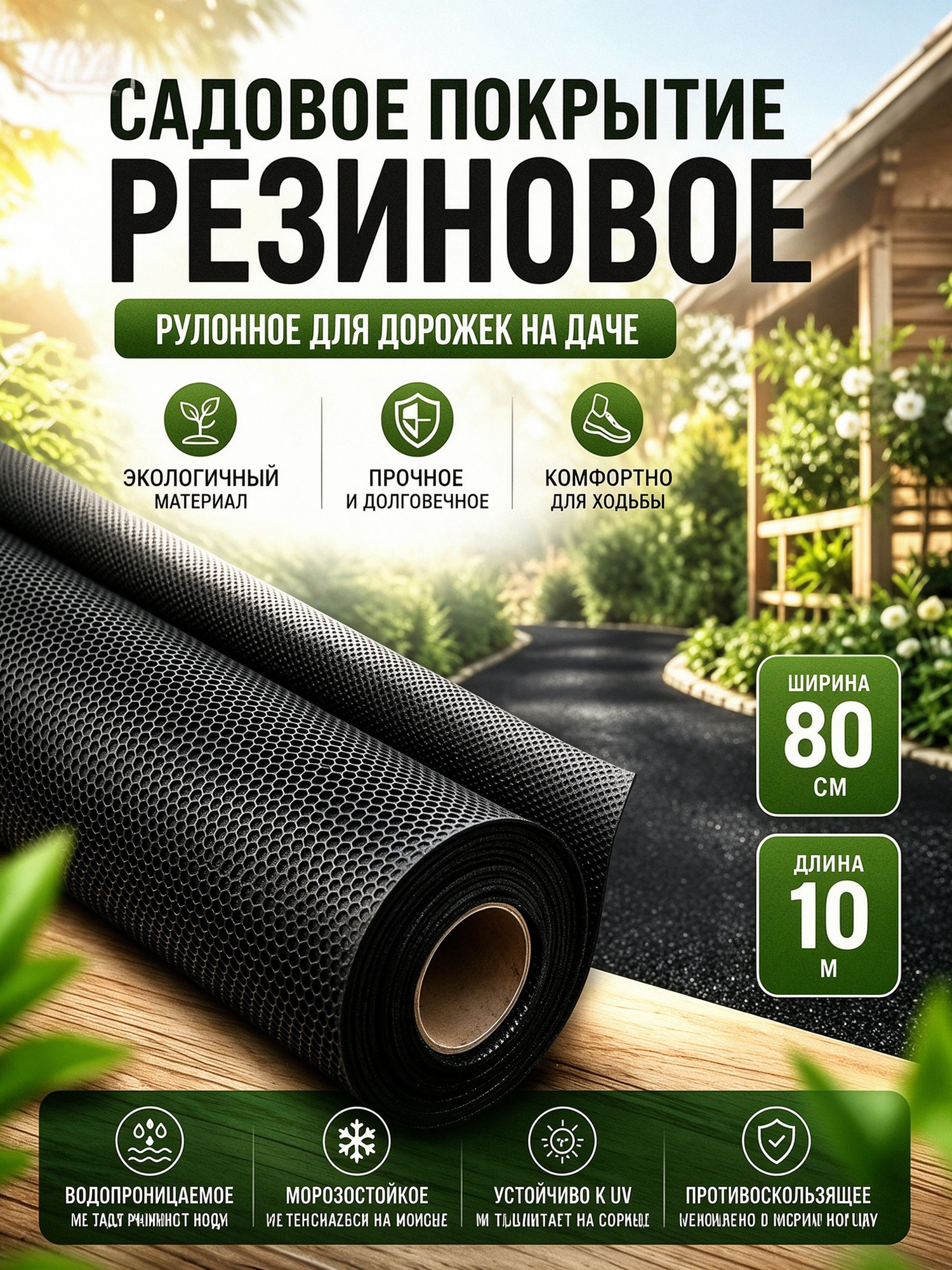 Рулонное резиновое покрытие толстое, противоскользящее 80cm×10 м, для дорожек на приусадебном участке