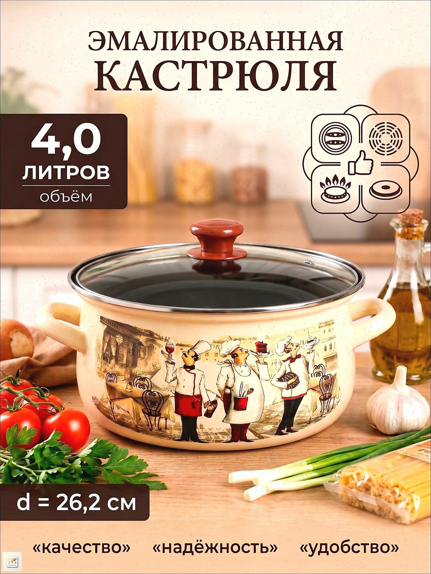 Кастрюля 4 л с крышкой 1 шт нержавеющая сталь