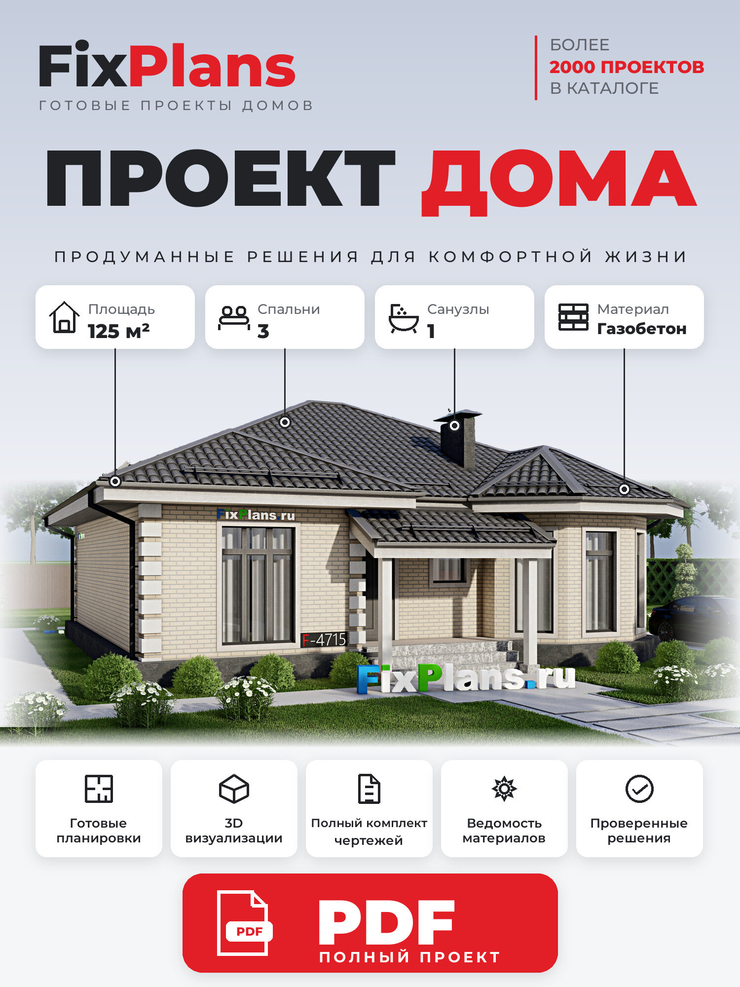 Проект дома FIXPLANS. Одноэтажный. Площадь 121.19 м2 F-4715 Размер 12 х 12.5