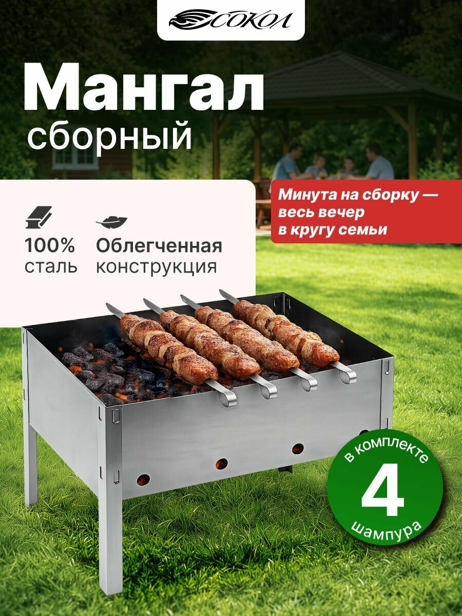 Мангал разборный складной с шампурами 4 шт, компактный походный сокол