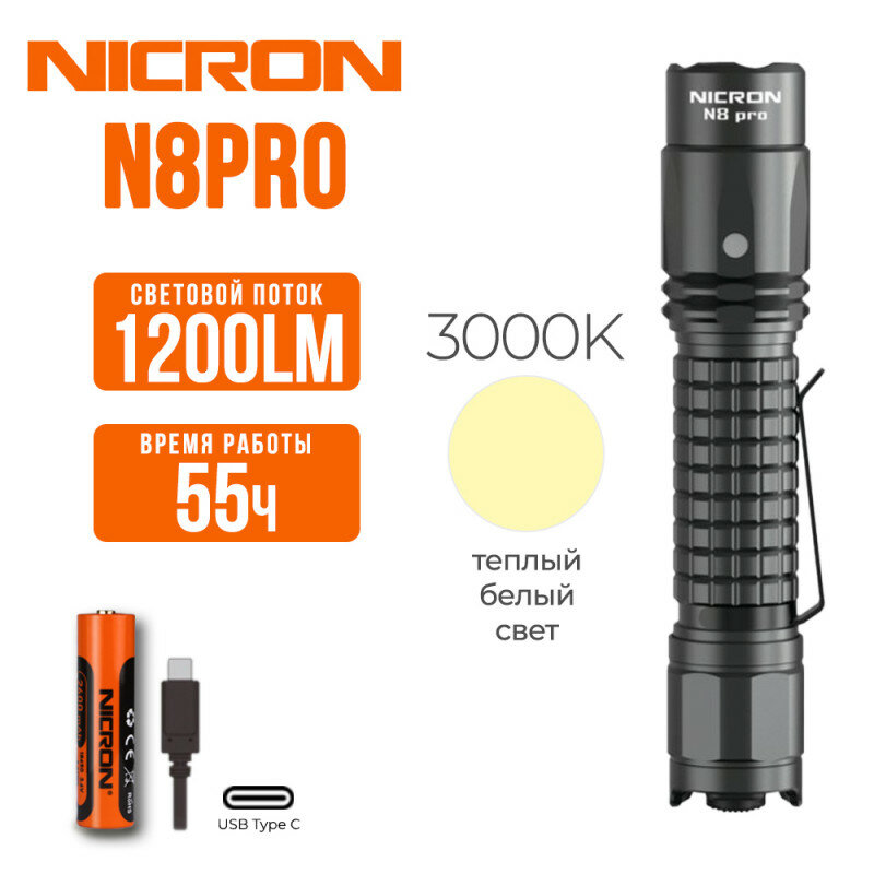 Светодиодный тактический фонарь NICRON N8 PRO 1200 Лм, теплый белый свет 3000 К, 5 режимов, дальность 282 м, IP68