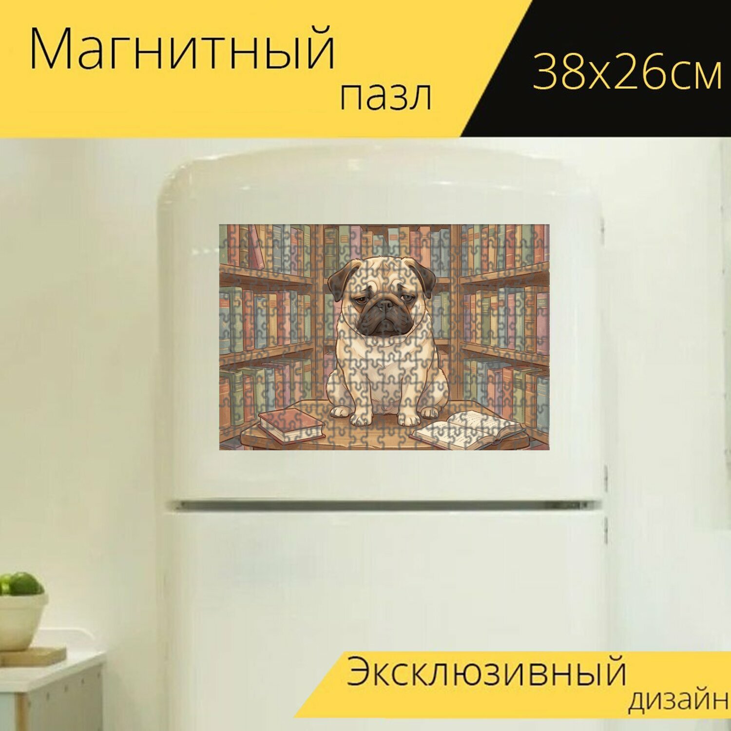 Магнитный пазл "Мопс в библиотеке. Милый пёс с грустным взглядом сидит за деревянным столом среди высоких книжных стеллажей, рядом раскрытая книга и том." для интерьера, 38х26 см.