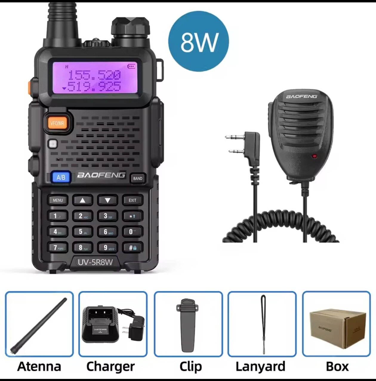 Радиостанция Baofeng UV-5R портативная 8 Вт, двухдиапазонная, с LCD дисплеем и аккумулятором 2800 мАч, дальность связи до 10 км