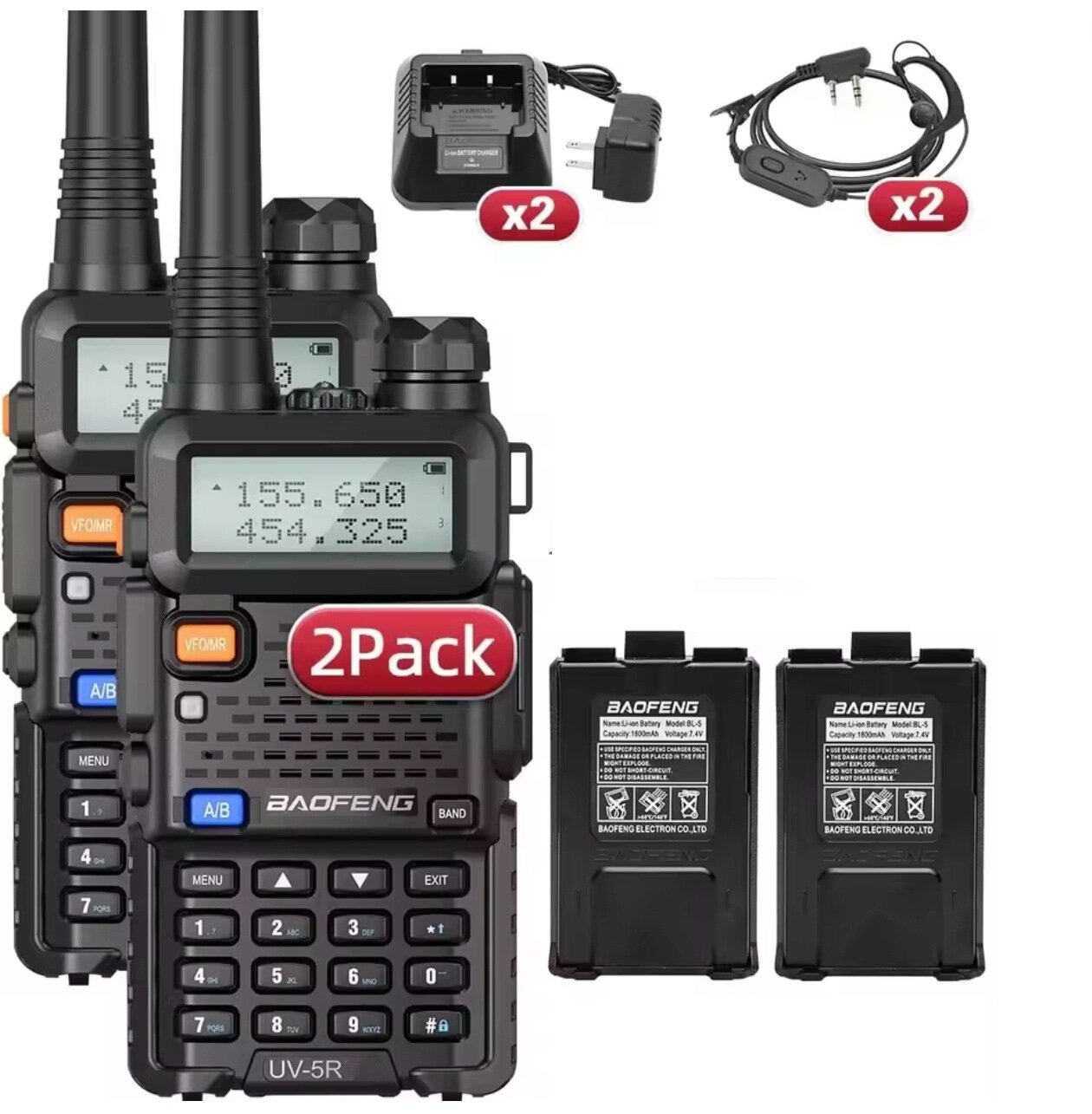 Радиостанция Baofeng UV-5R портативная 8 Вт, двухдиапазонная, с LCD дисплеем и аккумулятором 2800 мАч, дальность связи до 10 км