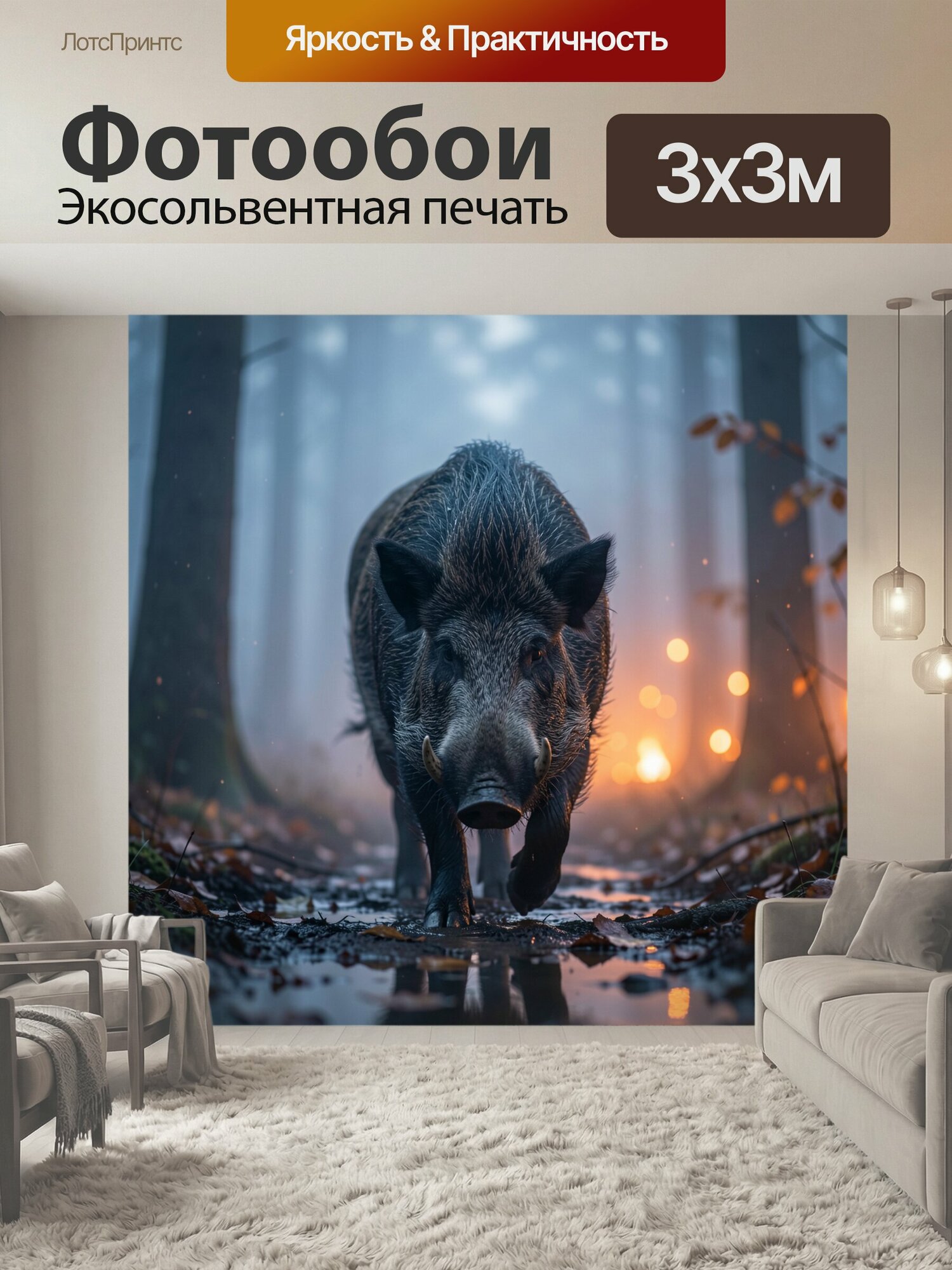 Фотообои "Кабан в туманном лесу. Детализированный реалистичный образ дикого вепря, идущего по мокрой лесной тропе среди деревьев и осенней листвы." 300x300 см. экосольвентная печать