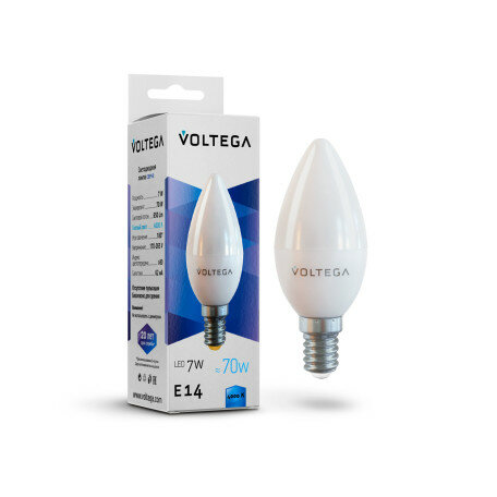 Светодиодная лампа Voltega Simple Candle 7W 7049 свеча E14 7W, 4000K CRI80 170-265V, гарантия 2 года