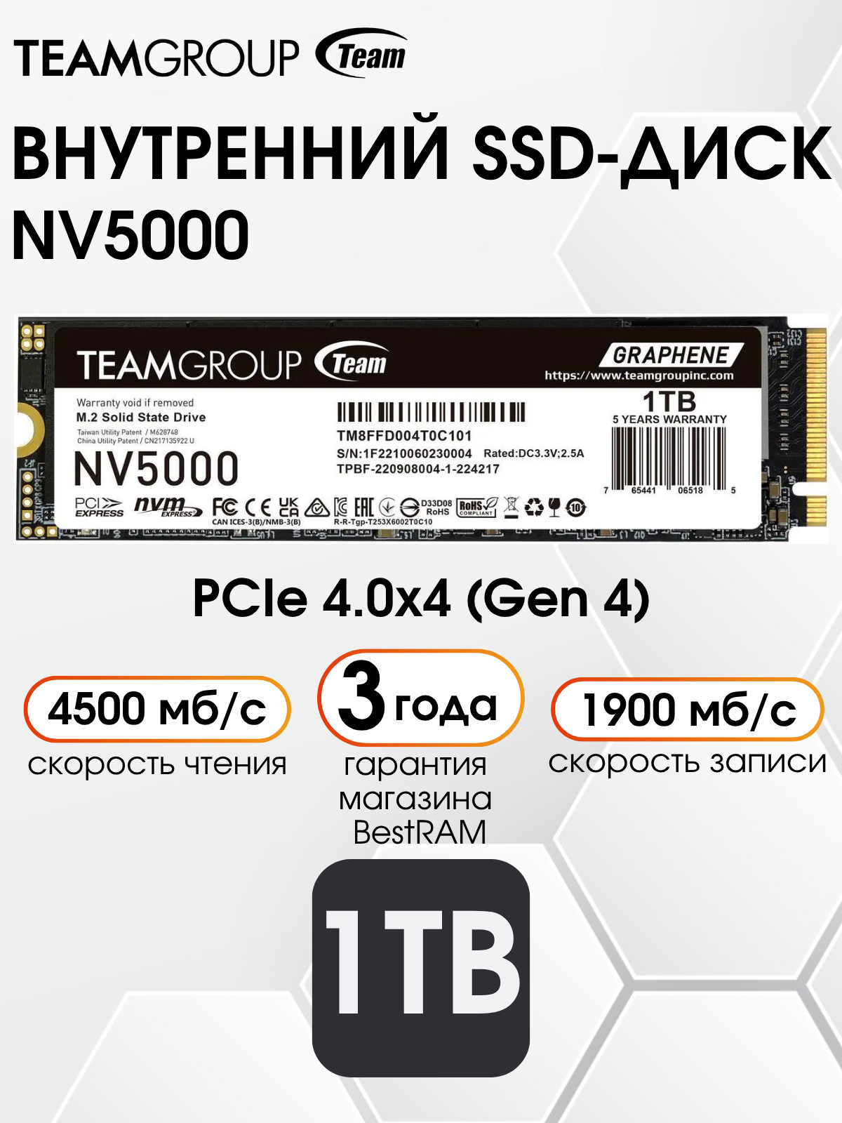 1 ТБ Внутренний SSD-диск Team Group T-FORCE NV5000 Gen4 4500 Мб/с, (TM8FGM001T0C101)