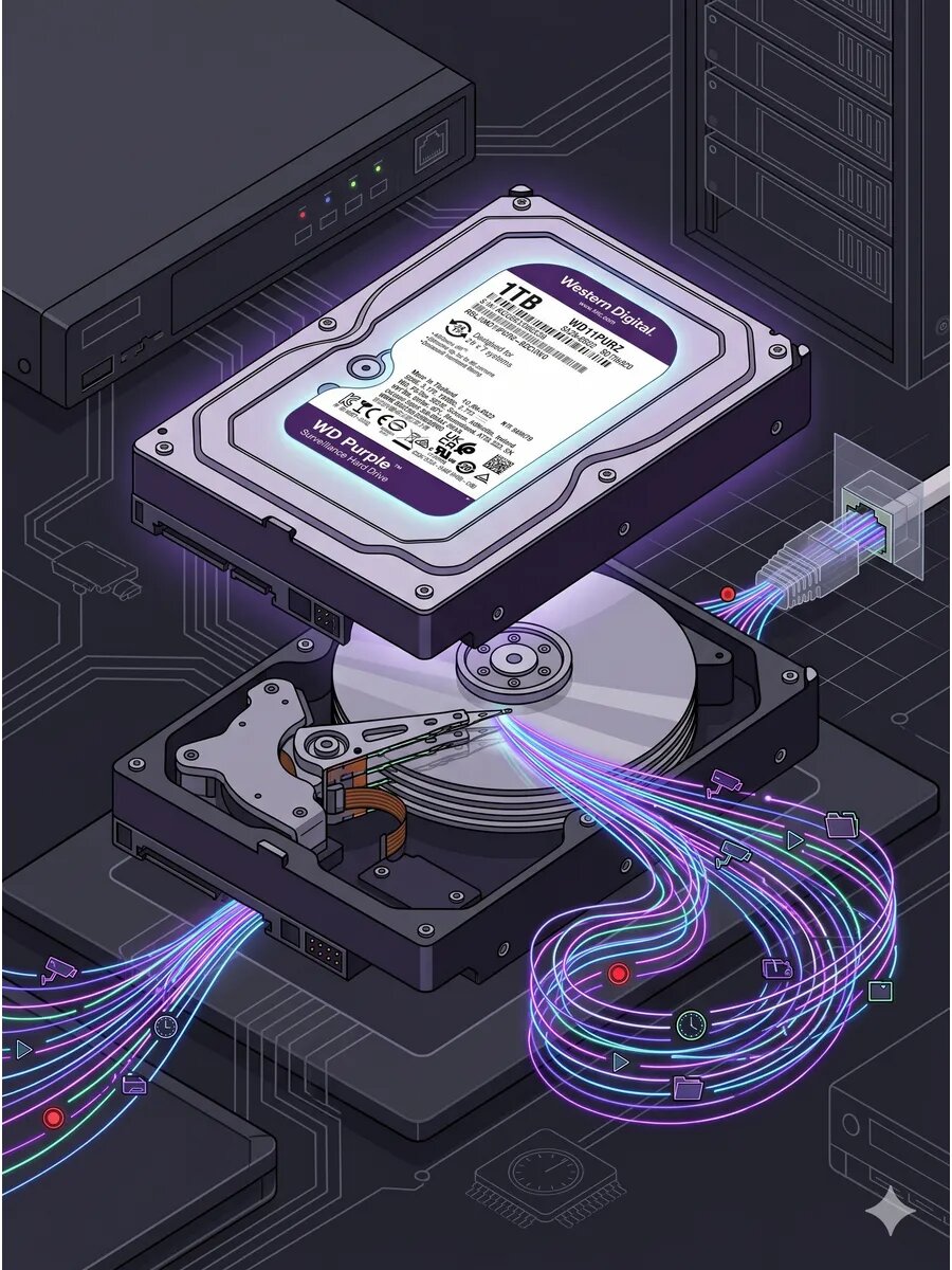 Жесткий диск Western Digital WD11PURZ Purple, 1ТБ, для видеонаблюдения, 3.5"
