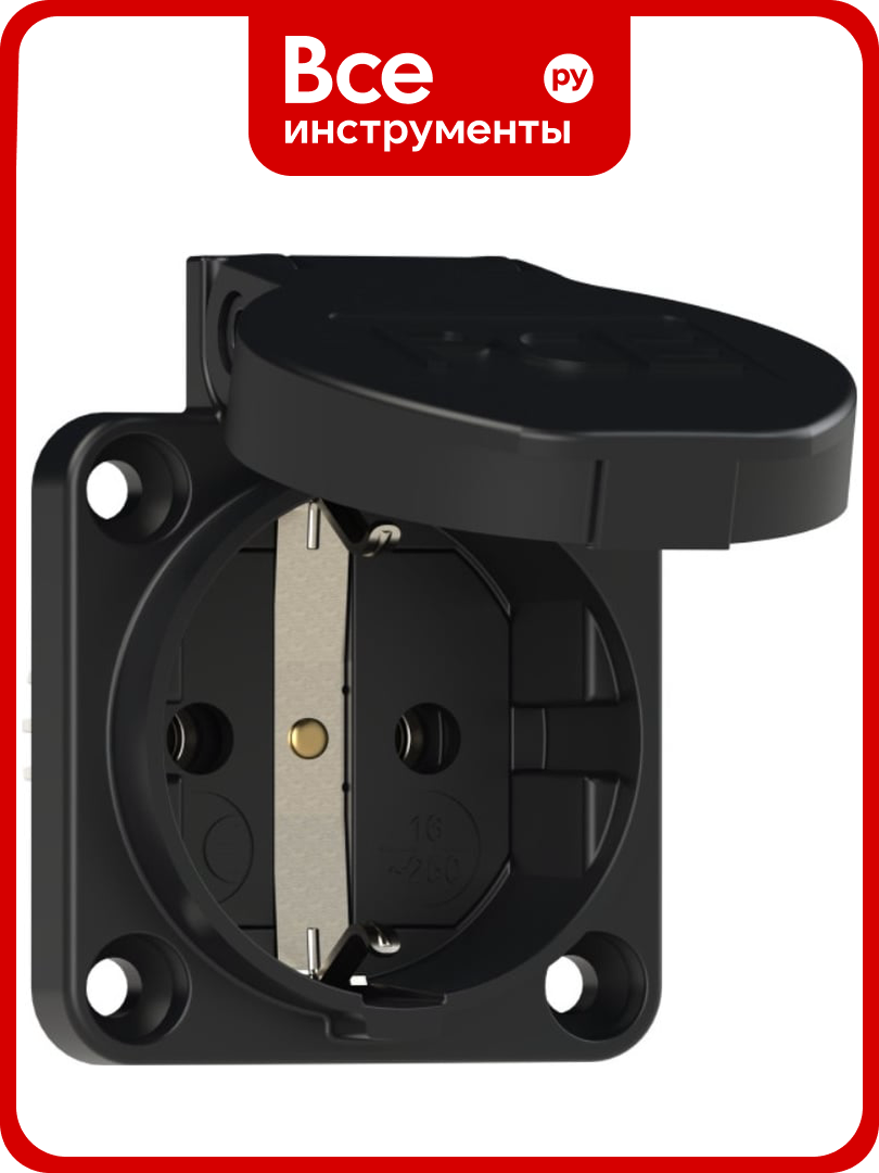 Встраиваемая розетка PCE 16A 220V 2P+E IP54 50х50 подключение сзади, черная 105-0s