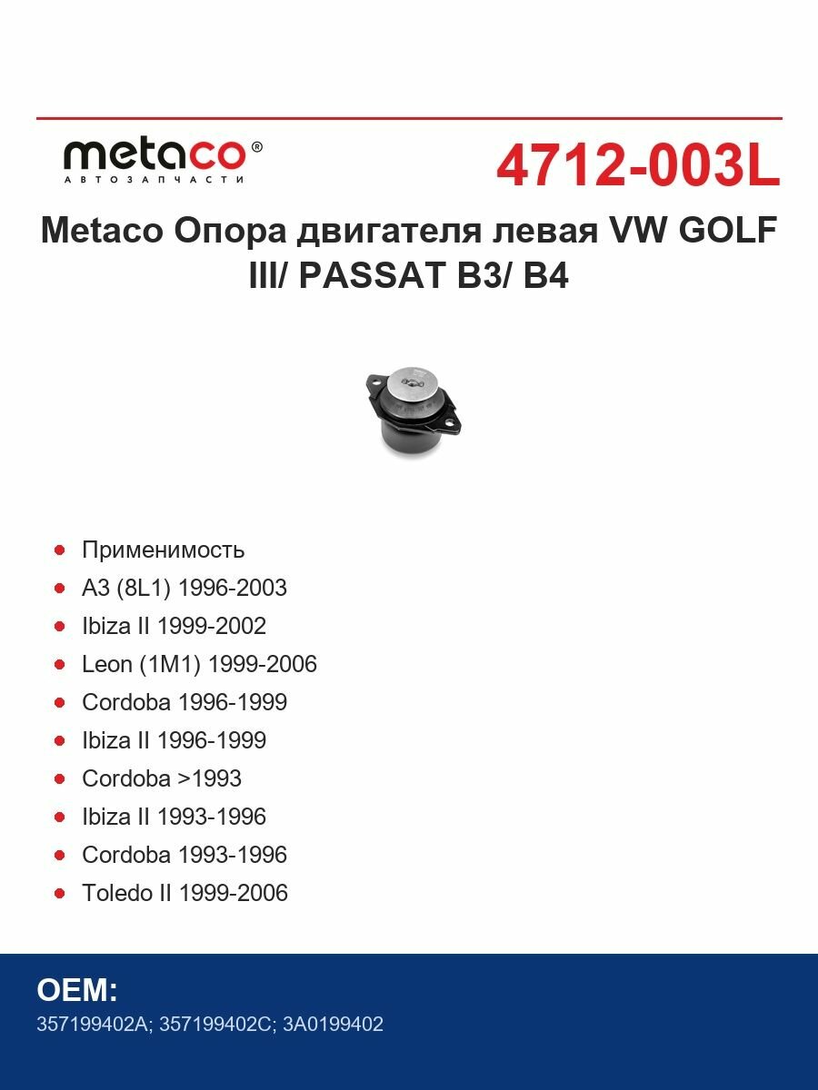 Metaco Опора двигателя левая VW GOLF III/ PASSAT B3/ B4