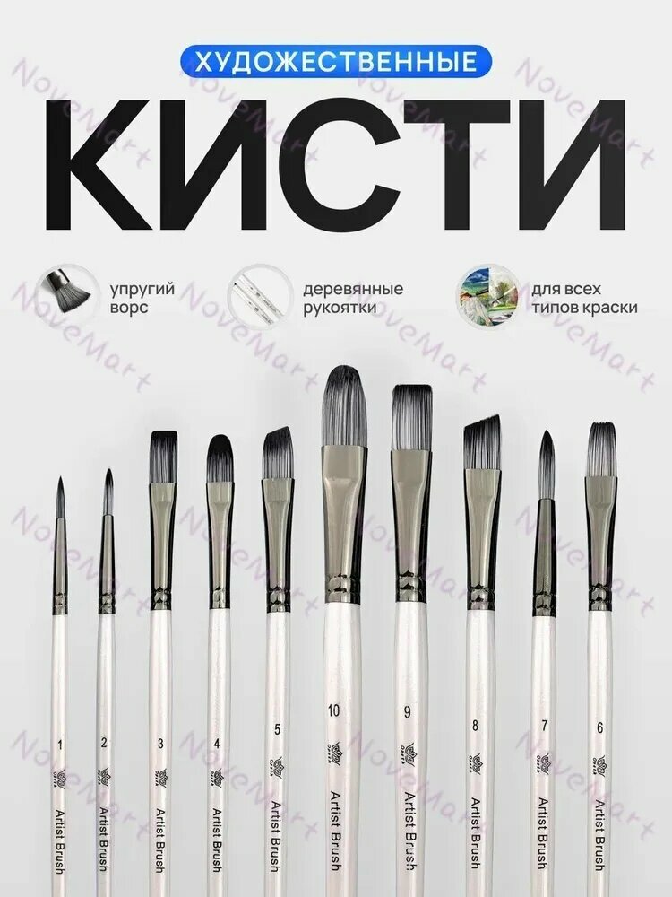 Набор кистей для рисования Овальная, Плоская № 1, 10, 10 шт.