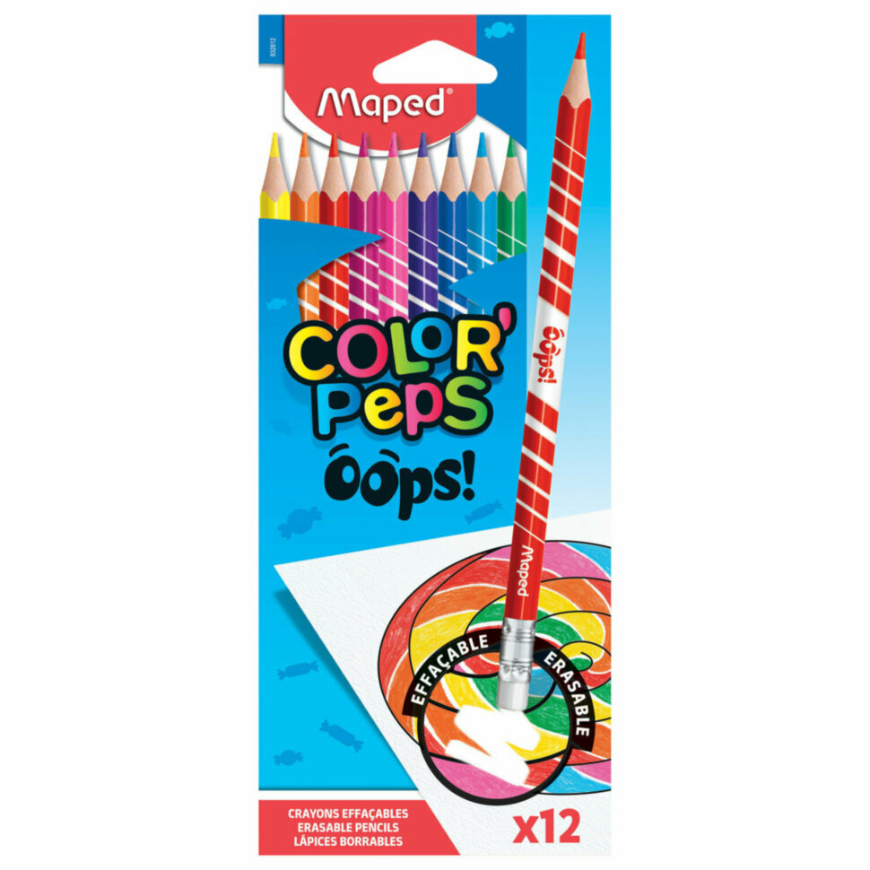 Карандаши цветные стираемые с ластиком MAPED (Франция) "Color'Peps Oops", 12 цветов, трехгранные, 832812, 182116