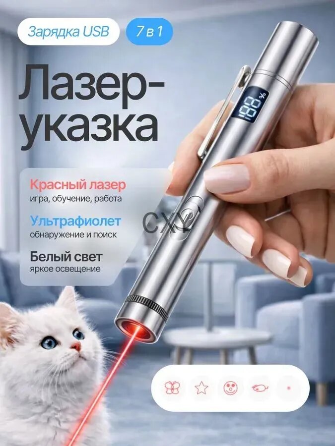 Лазерная указка 7в1 с LED экраном, игрушка-дразнилка для кошки со светодиодным фонариком и ультрафиолетом. Ручной фонарь со встроенной зарядкой USB. Мощный лазер для собак/животных, серебристый
