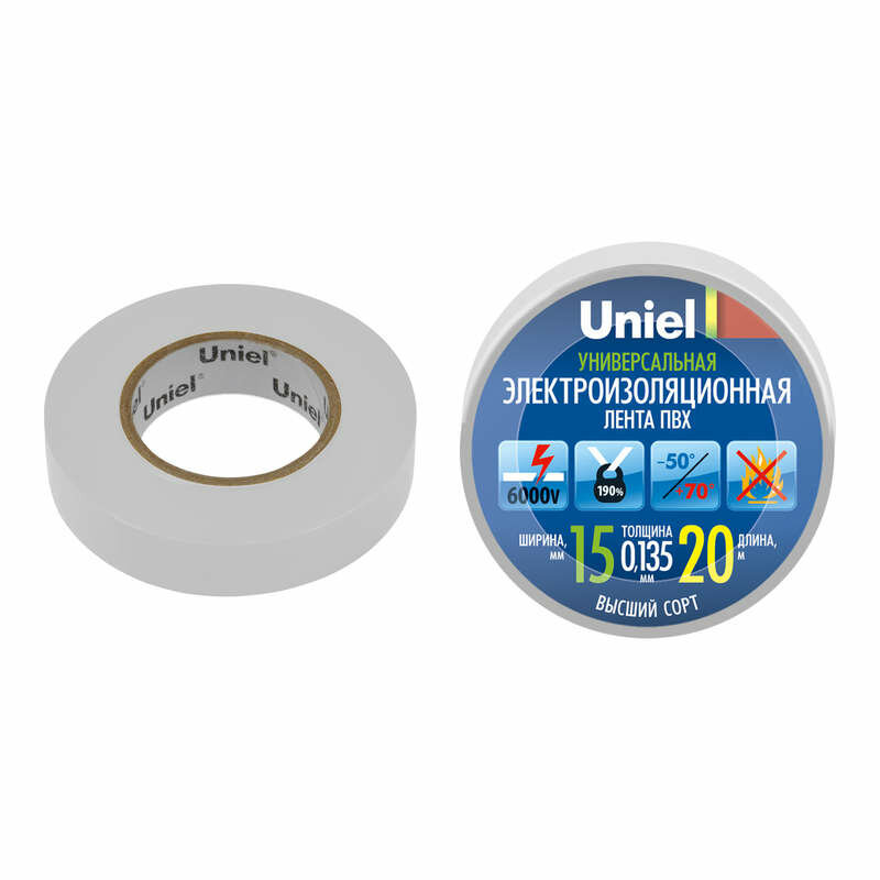 Лента изоляционная 0.135х15мм 20м UIT-135P 20/15/01 WHT бел. Uniel 04488