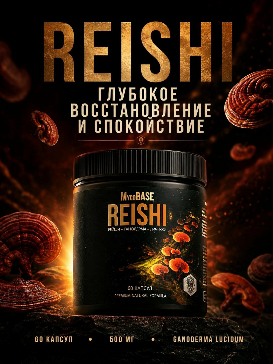 MycoBASE REISHI Ganoderma lucidum 500 мг рейши для сна, спокойствия, иммунитета и восстановления, 60 капсул