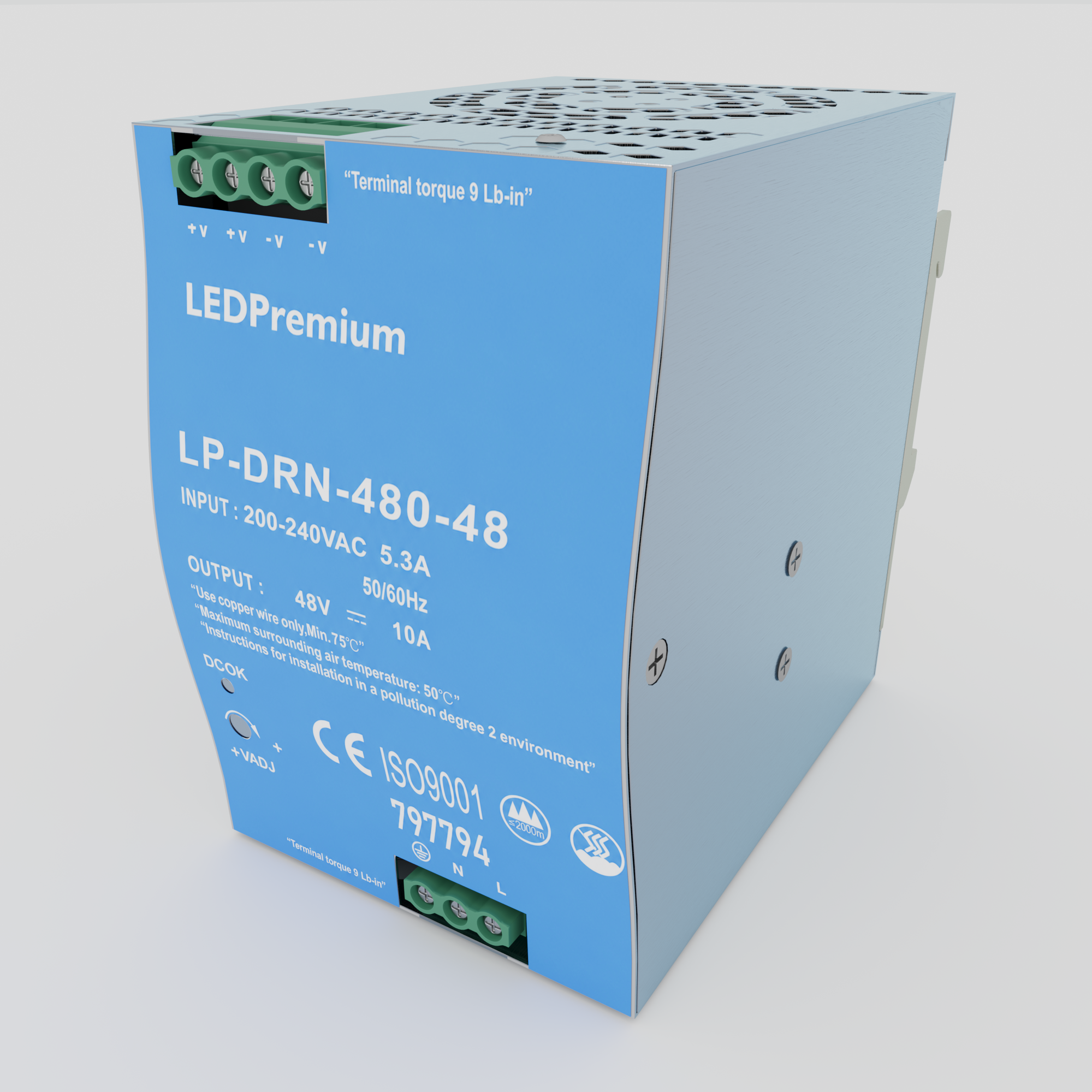 Источник напряжения ShopLEDs Блок питания на DIN-рейку SL-DRN-480-48 (48V, 10A, 480W, IP20, с кулером)