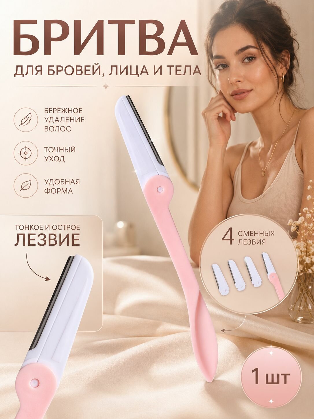 Женская бритва / триммер для коррекции бровей и лица со сменными лезвиями.