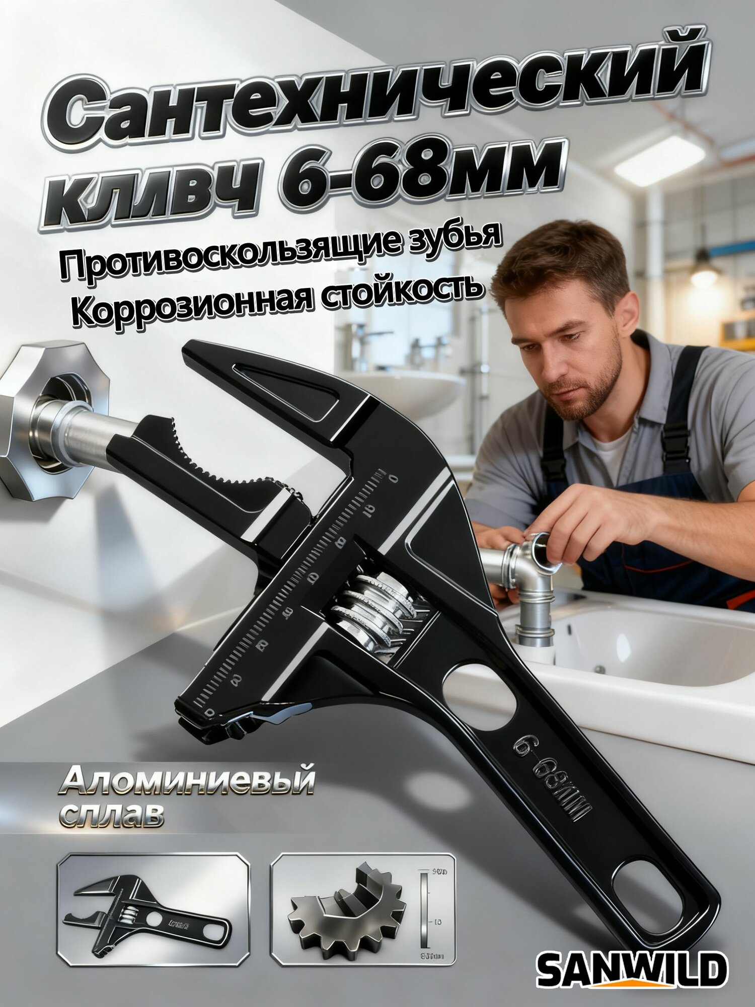 Гаечный ключ 200 мм открытый 6-68 мм из высокоуглеродистой стали для сантехники, автомобильного и бытового ремонта