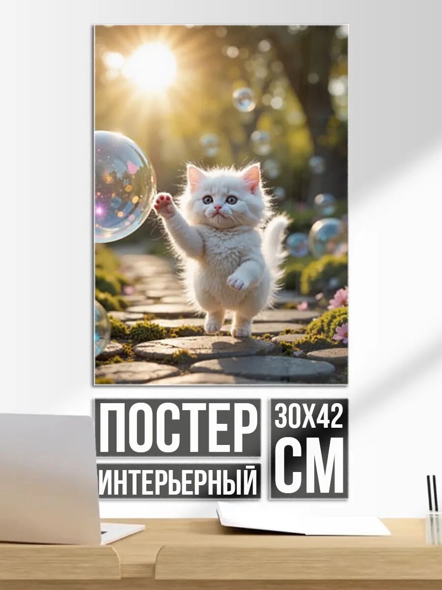 Постер на стену Белый котенок с цветами и мыльные пузыри
