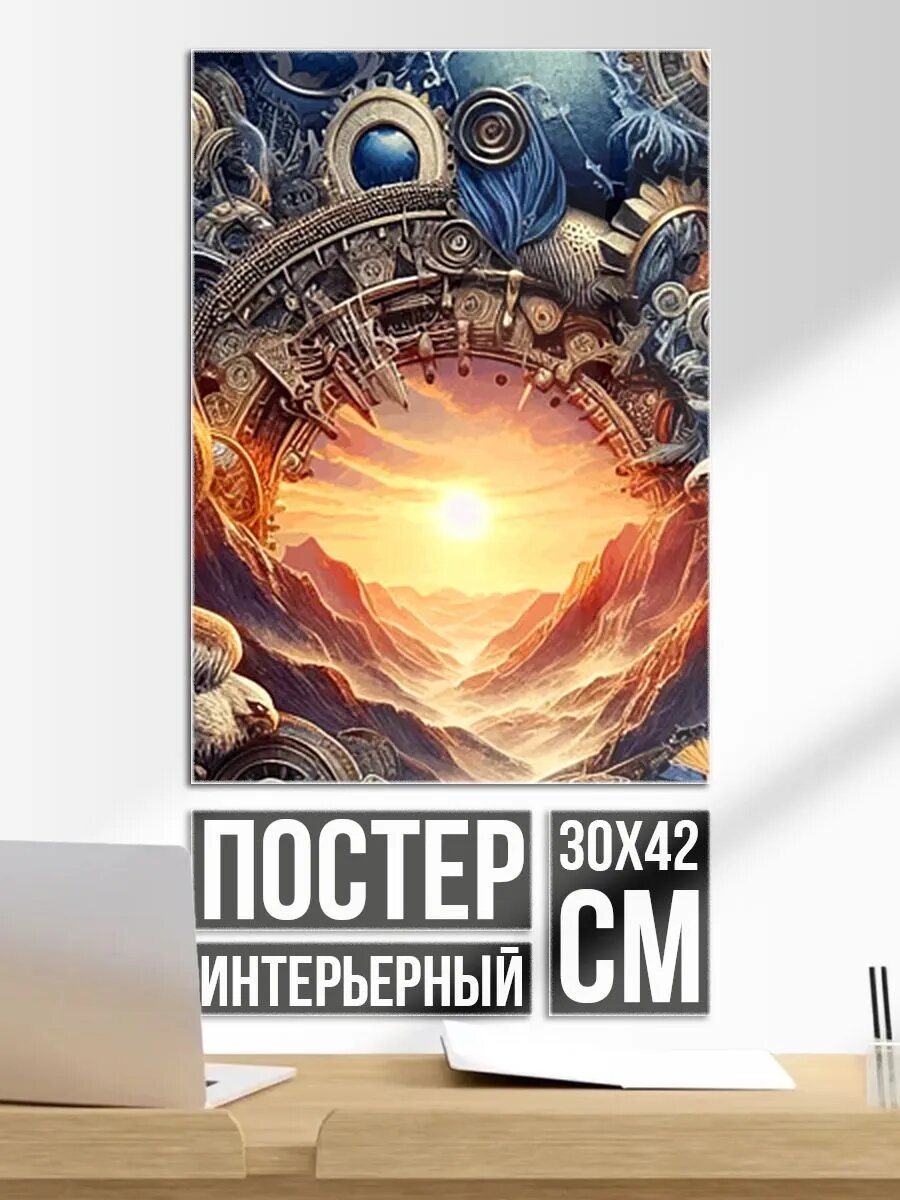 Постер на стену Закат солнца в горах - стимпанк коллаж